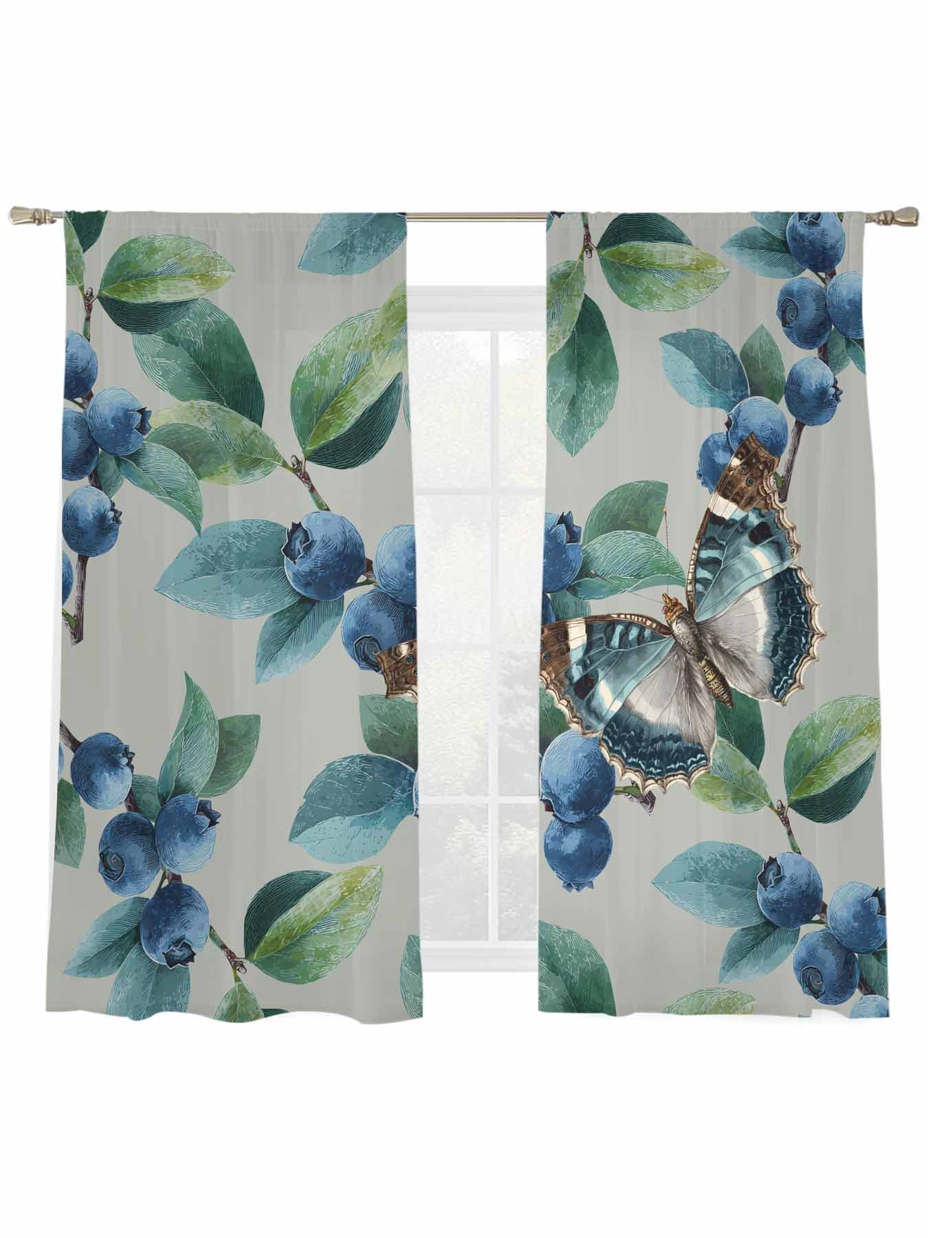 Butterflies Fruit Sheer Curtains 2 Panels Set Blueberries Green Leaves ...