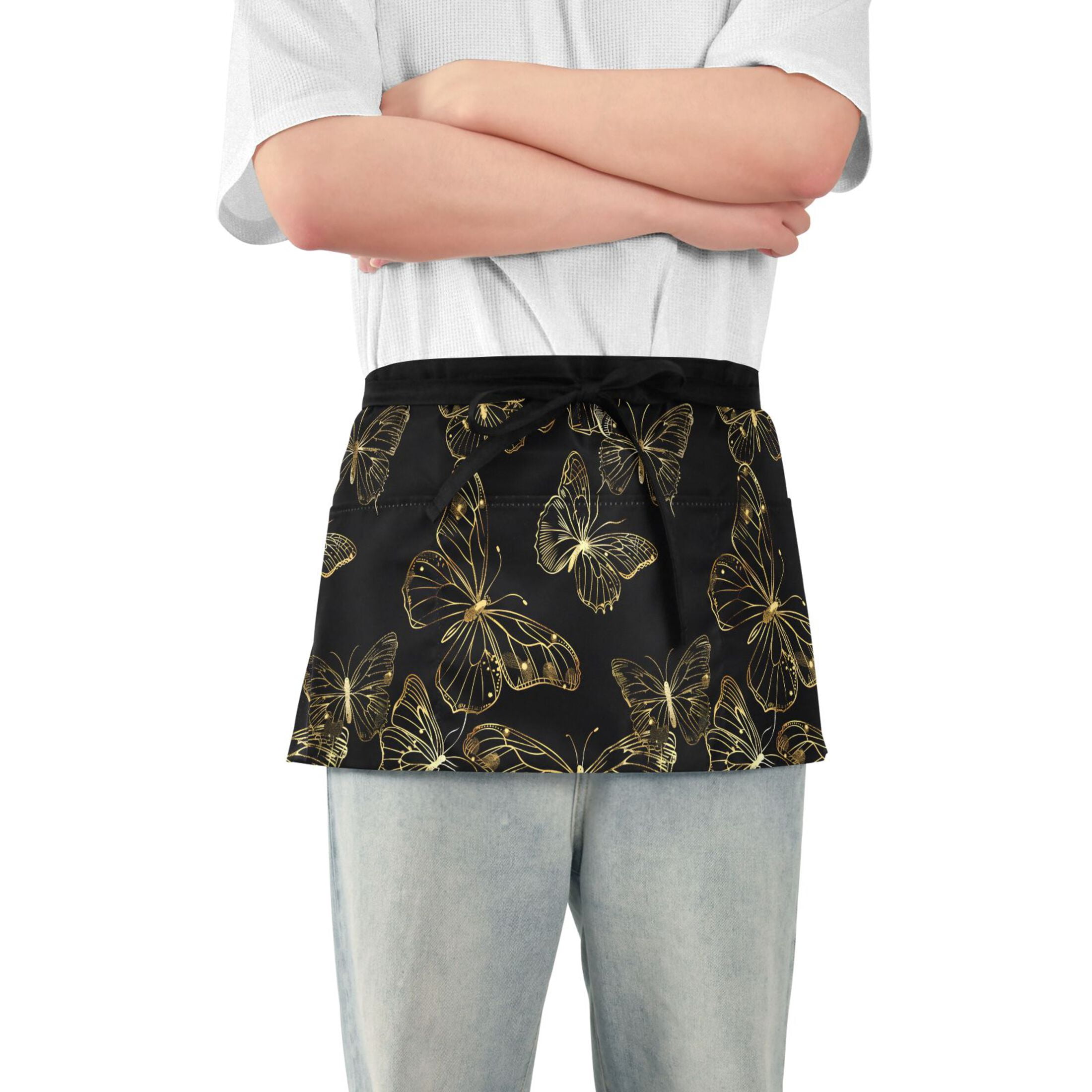 Butterflies Golden Outline Server Apron with 3 Pockets Waterproof ...