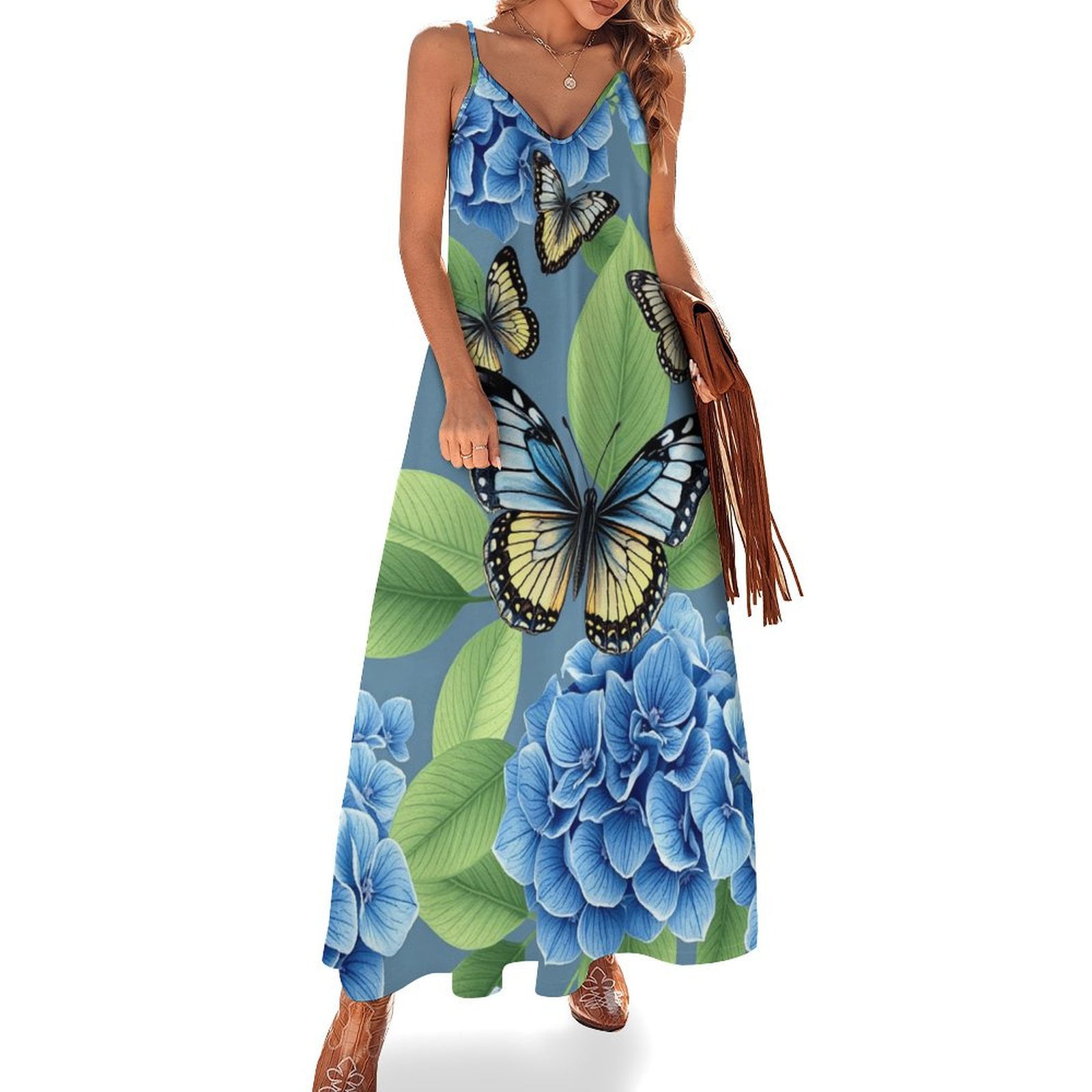 Butterflies Hydrangeas Blue Sleeveless Dress Summer Outfits for Women ...