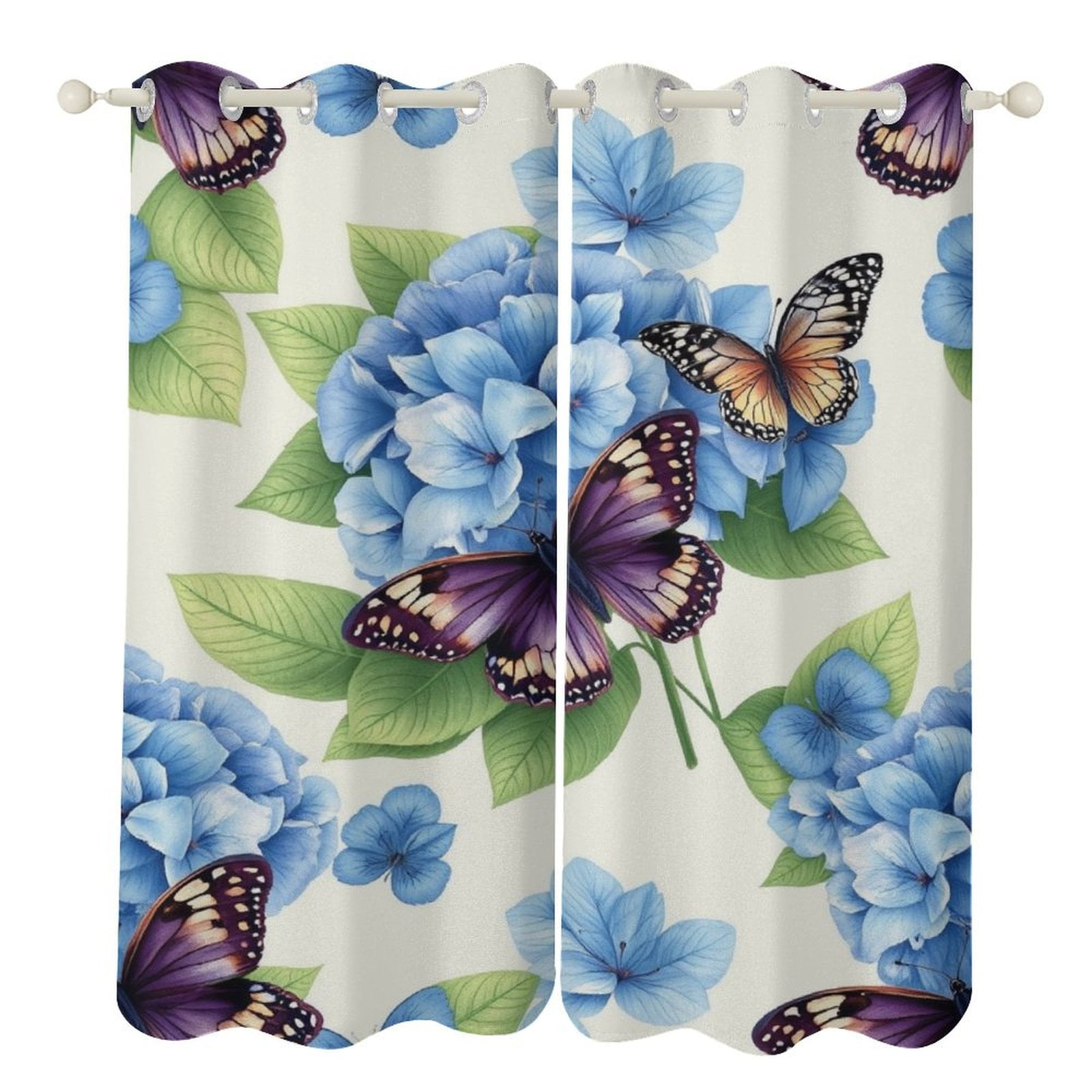 Butterflies Hydrangeas Flowers 2 Pieces Window Drape Curtain for Living ...