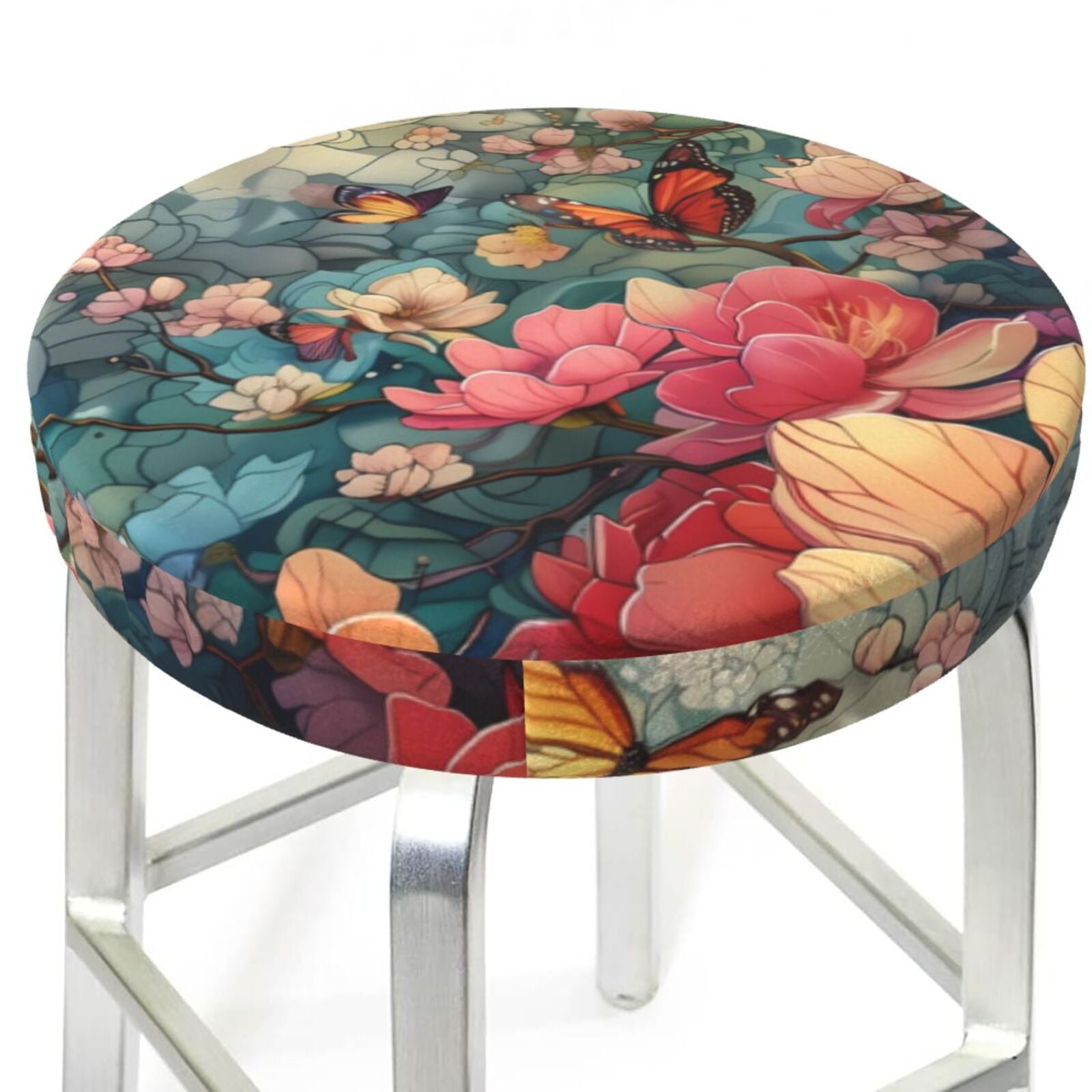 Butterflies In Blooming Garden Bar Stool Covers Round - Washable Round ...