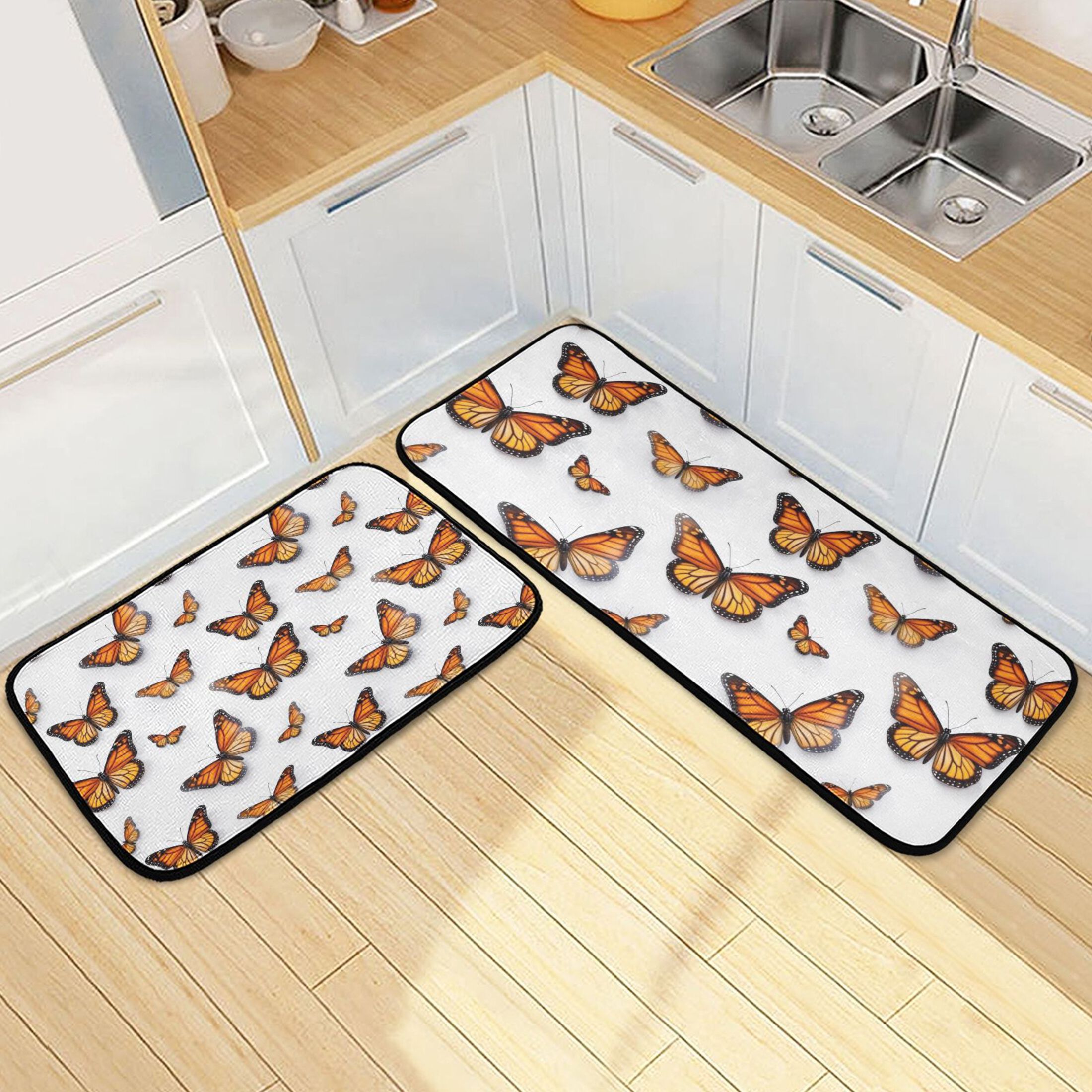 Butterflies Kitchen Rugs Set of 2 Non Slip Floor Foam Mat Cushioned ...