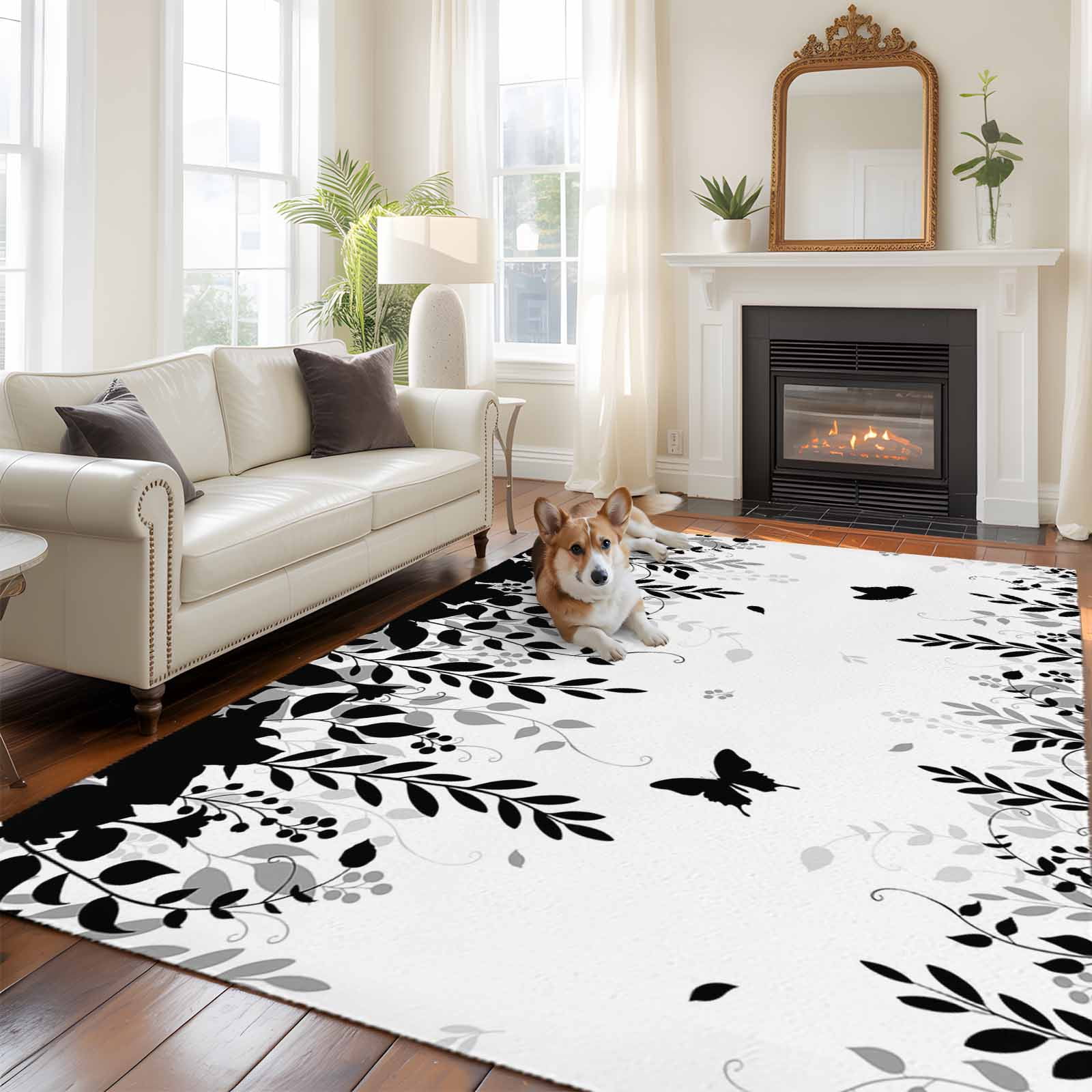 Butterflies Large Area Rugs 8x10 ft Spring Black Butterfly Falling Leaf ...