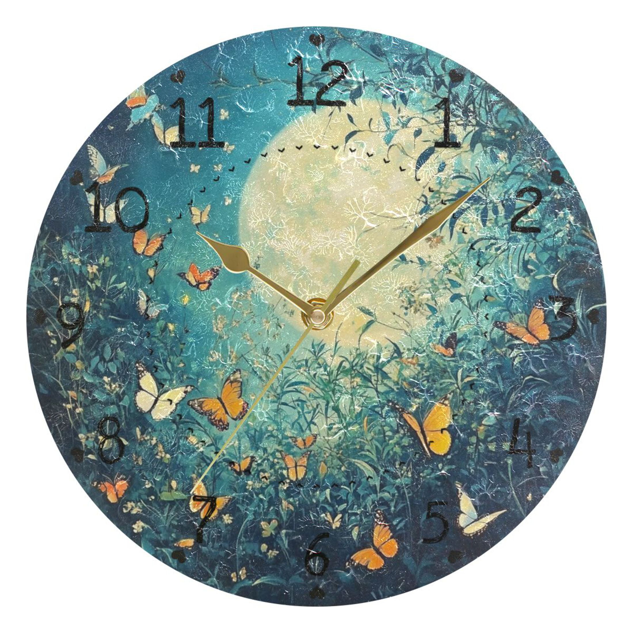 Butterflies Leaves Moon Round Wall Clock Silent Analog Battery Operated ...