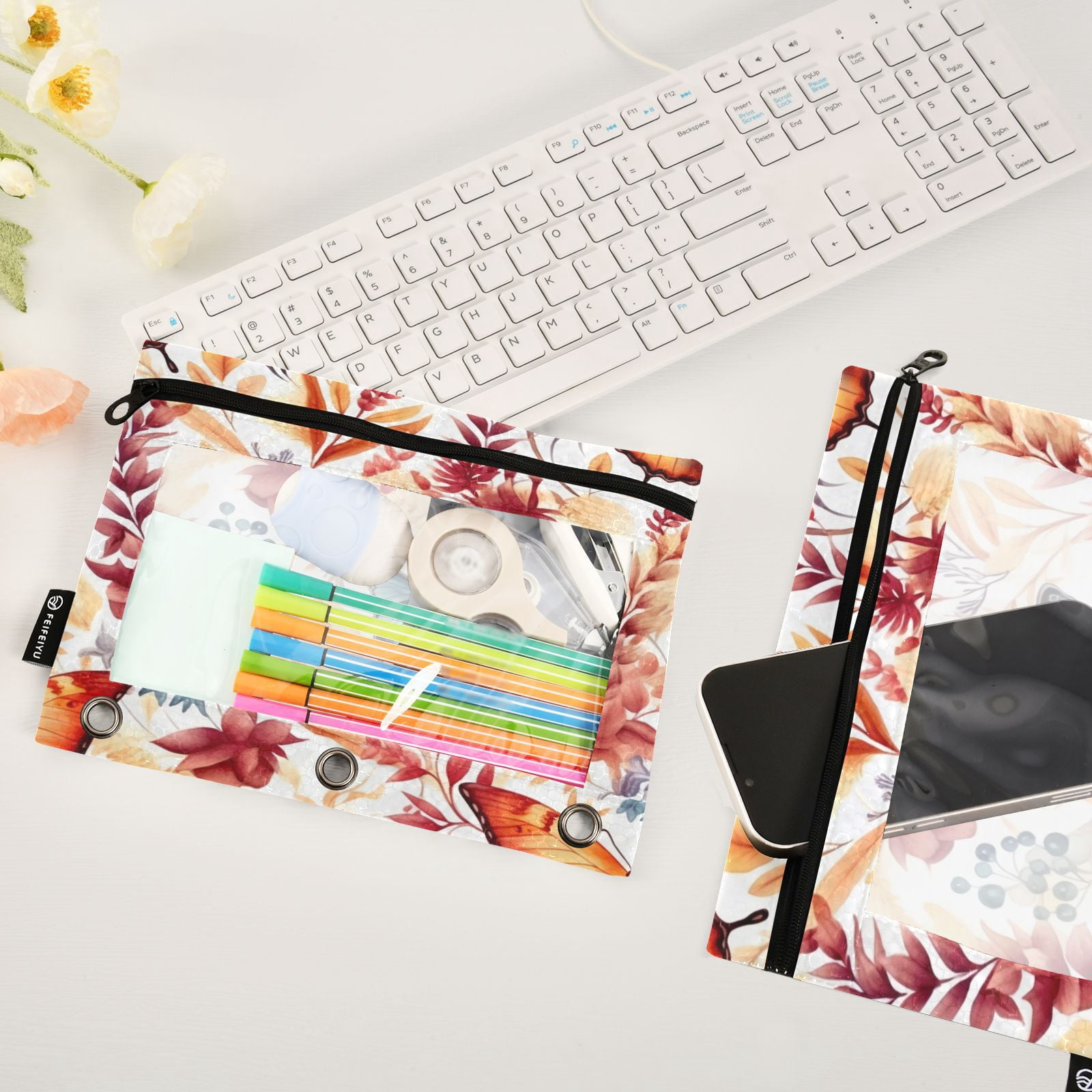 Butterflies Leaves Orange 2 Pack Pencil Pouches Zipper Pencil Case 3 ...