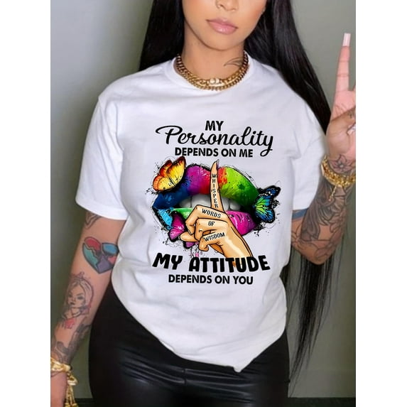 Butterflies & Lips Print T-Shirt, Short Sleeve Crew Neck Casual Top For ...