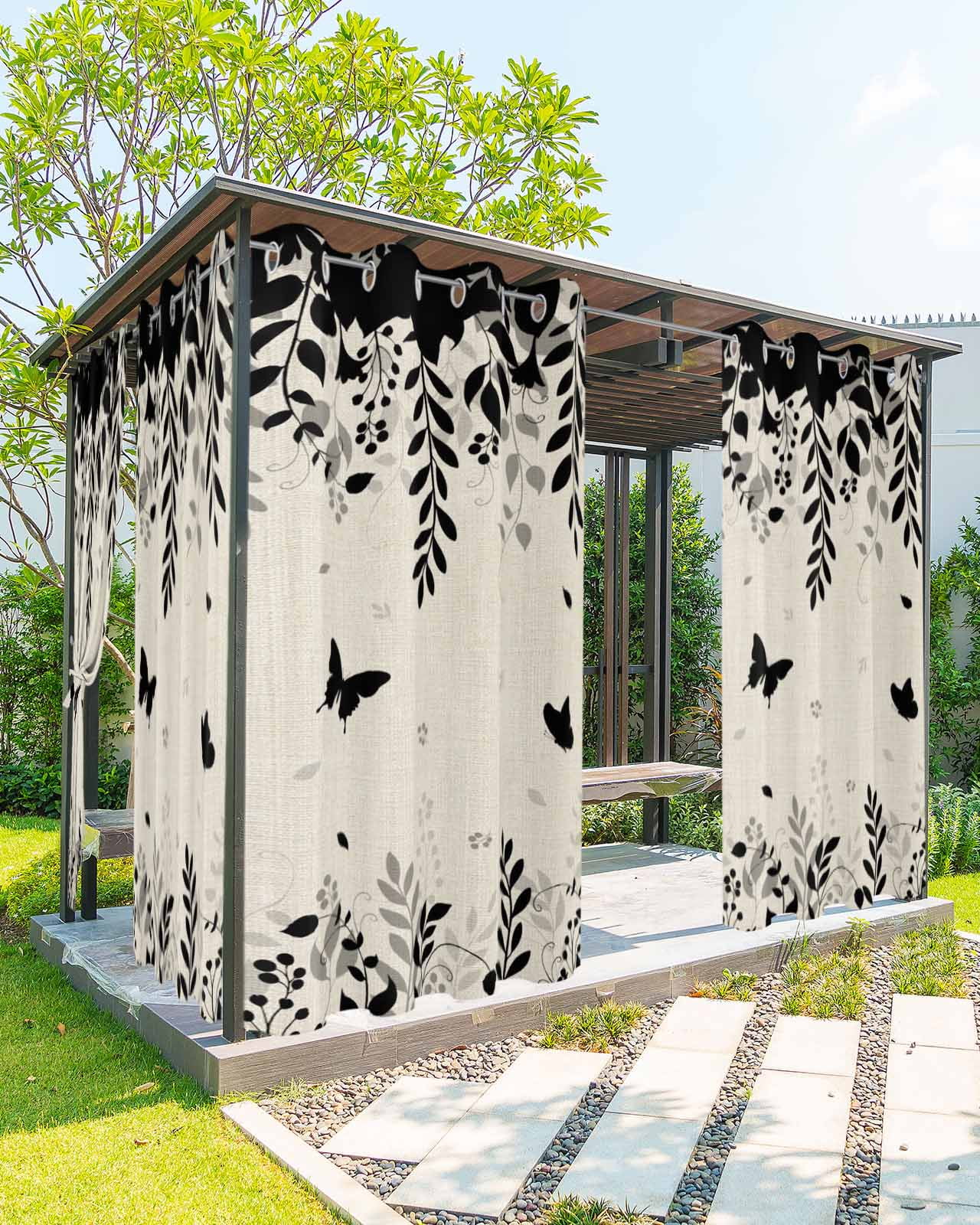 Butterflies Outdoor Curtains for Patio, Spring Black Butterfly Falling ...