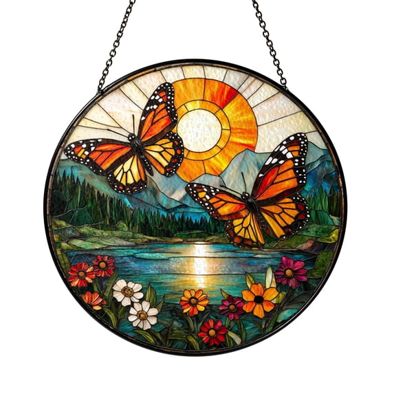Butterflies Over Lake and Wildflowers Stained Glass Style Suncatcher ...
