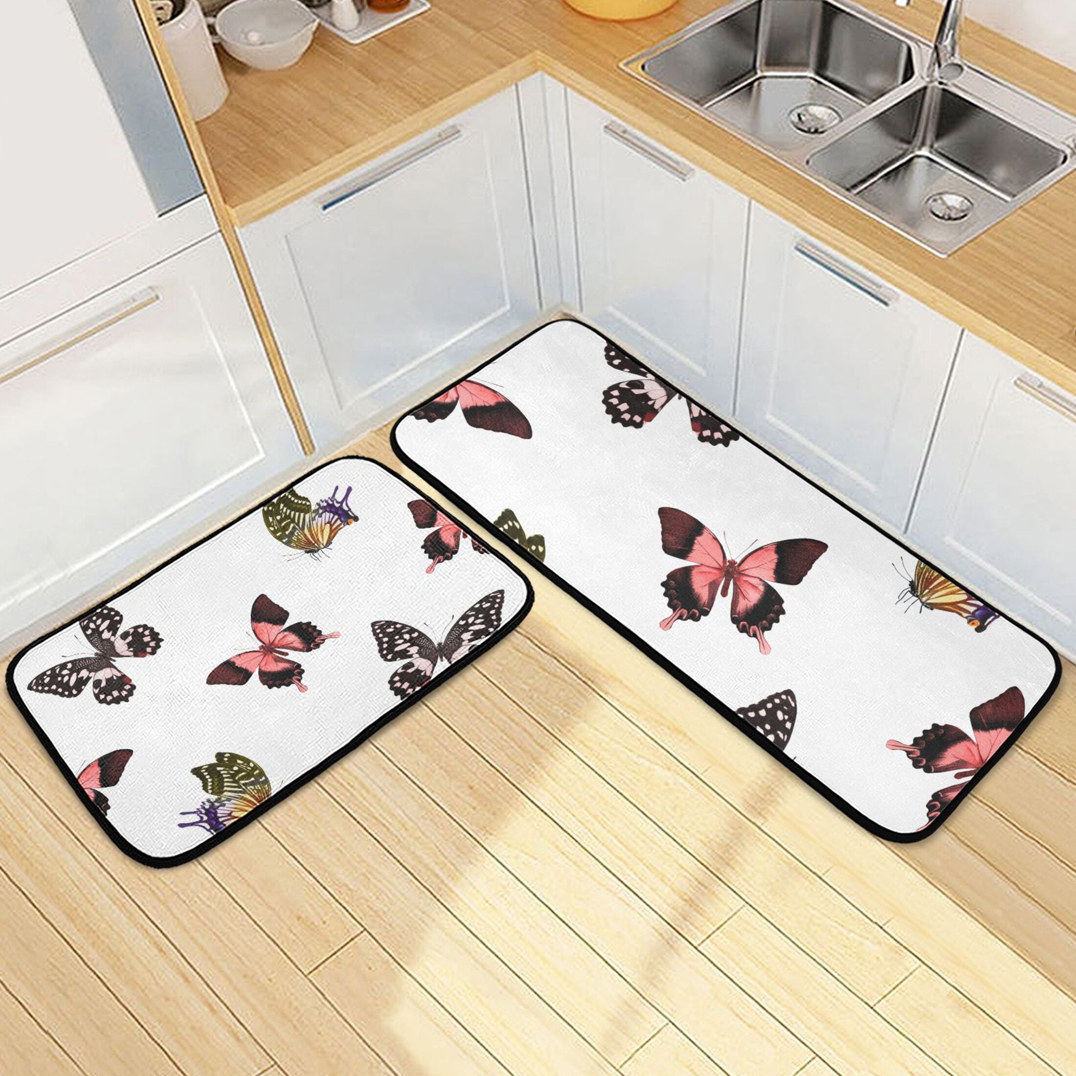 Butterflies Pattern Kitchen Rugs Set of 2 Non Slip Floor Foam Mat ...