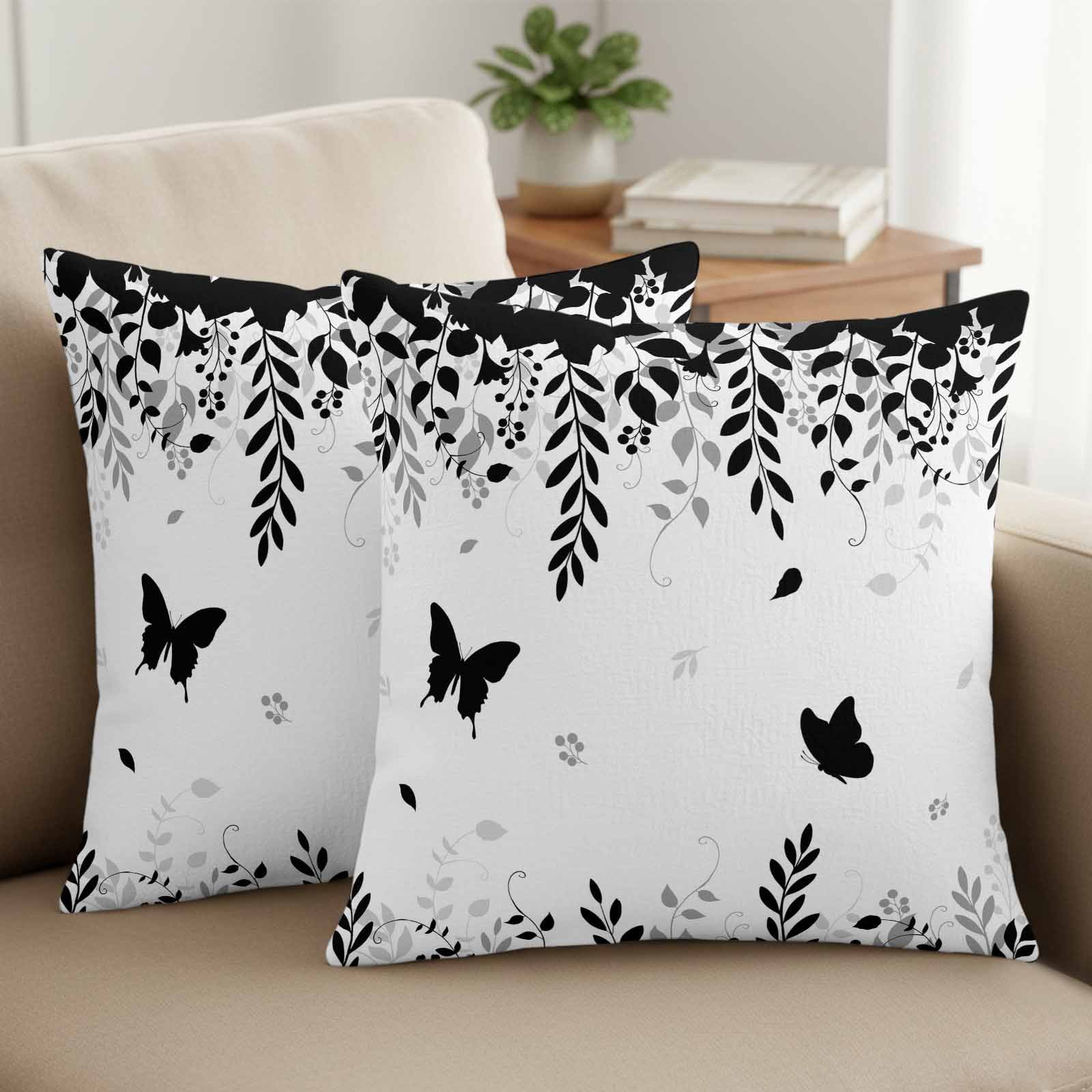 Butterflies Pillow Covers Set of 2, Spring Black Butterfly Falling Leaf ...