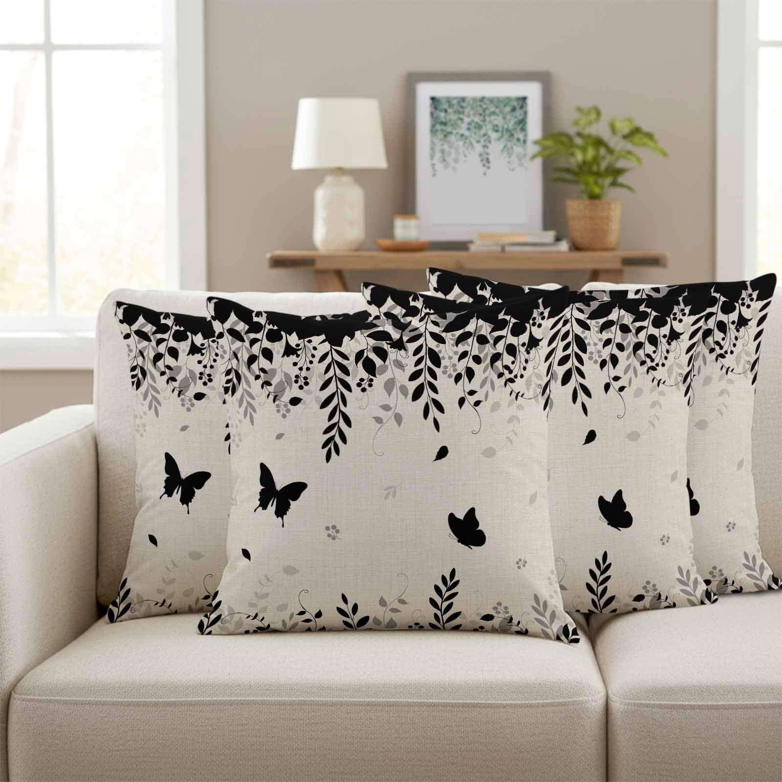 Butterflies Pillow Covers Set of 4, Spring Black Butterfly Falling Leaf ...