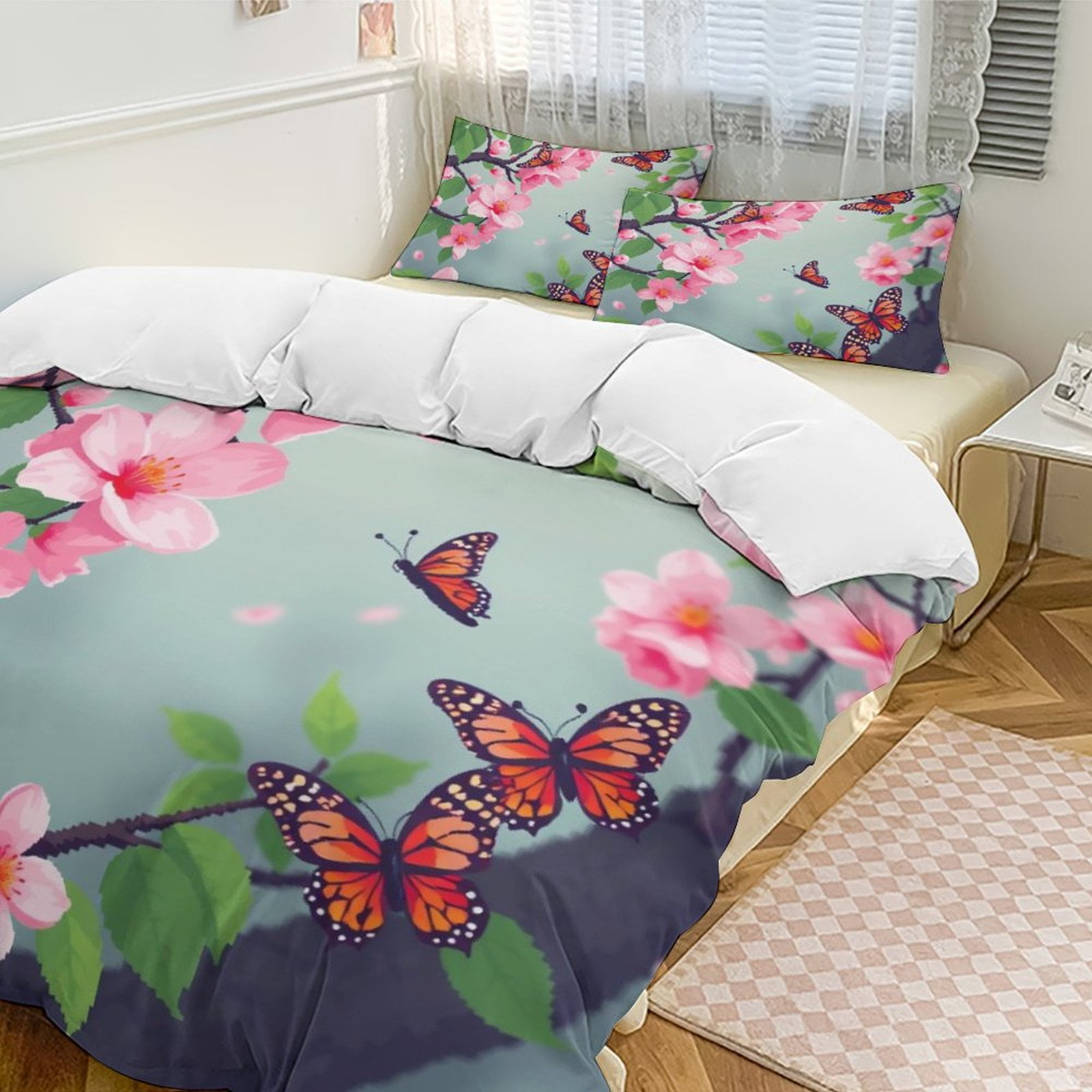 Butterflies Pink Blossoms Spring Duvet Cover Set Decorative 3 Pieces ...