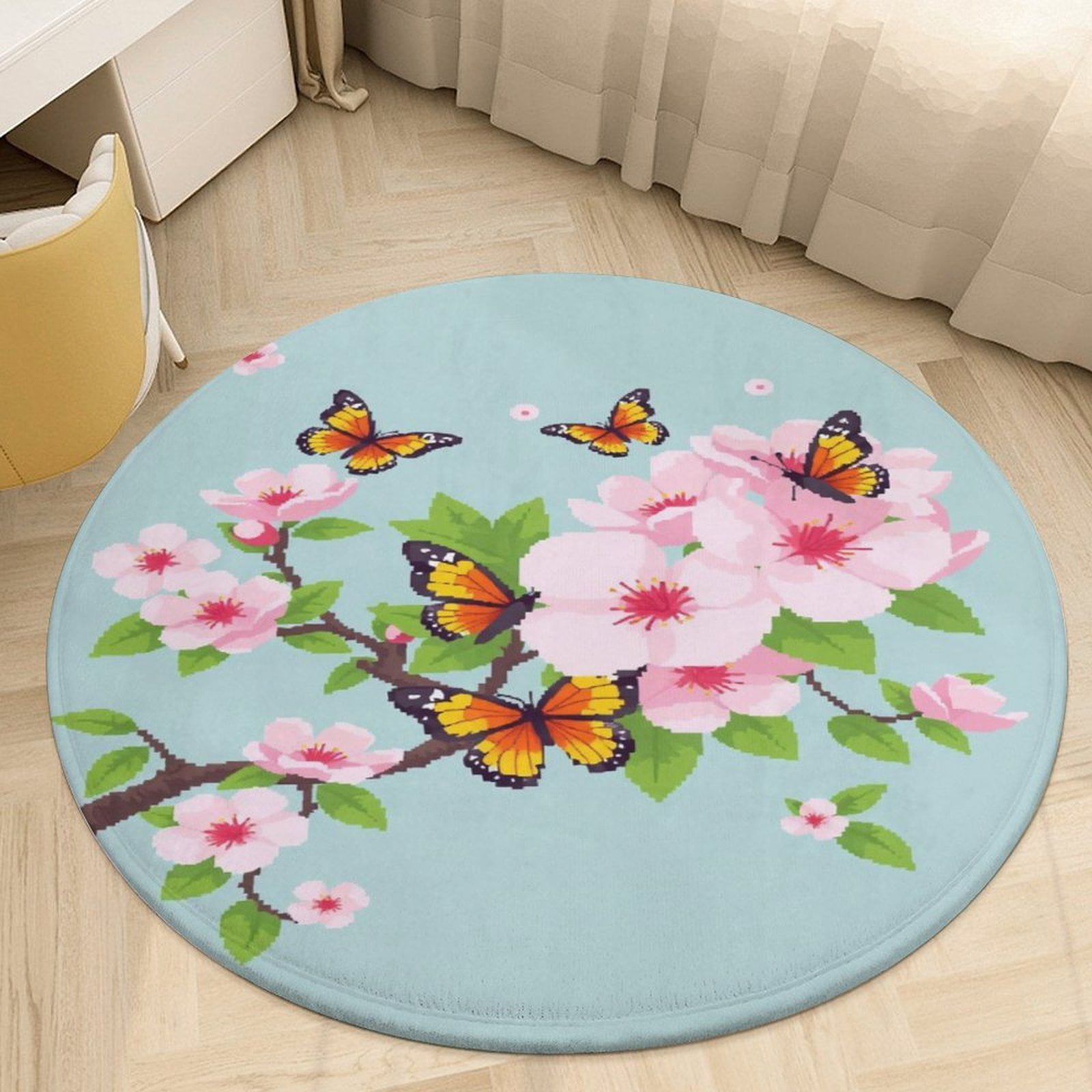 Butterflies Pink Blossoms Spring Round Carpets Modern Living Room ...