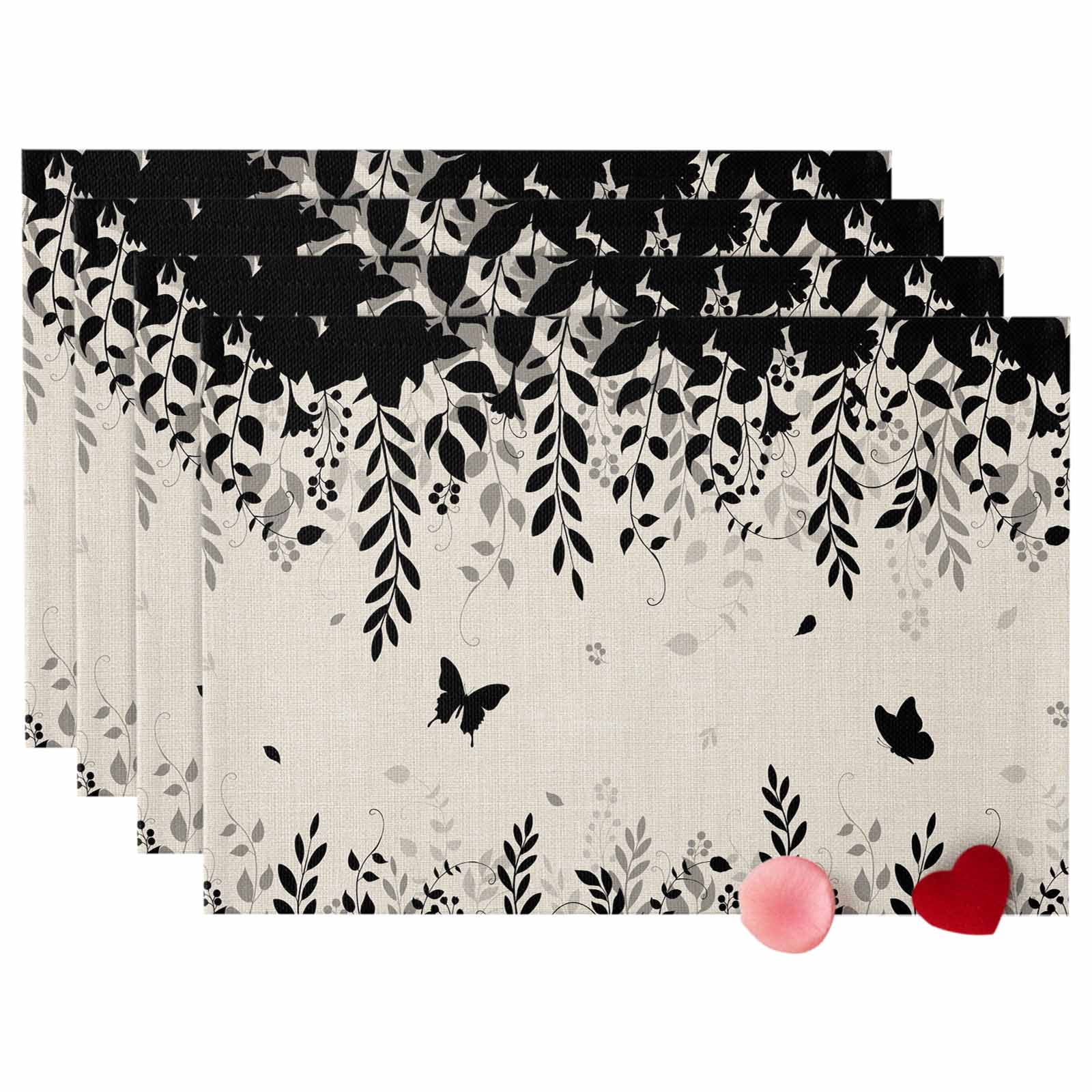 Butterflies Placemats Set of 4, Spring Black Butterfly Falling Leaf ...