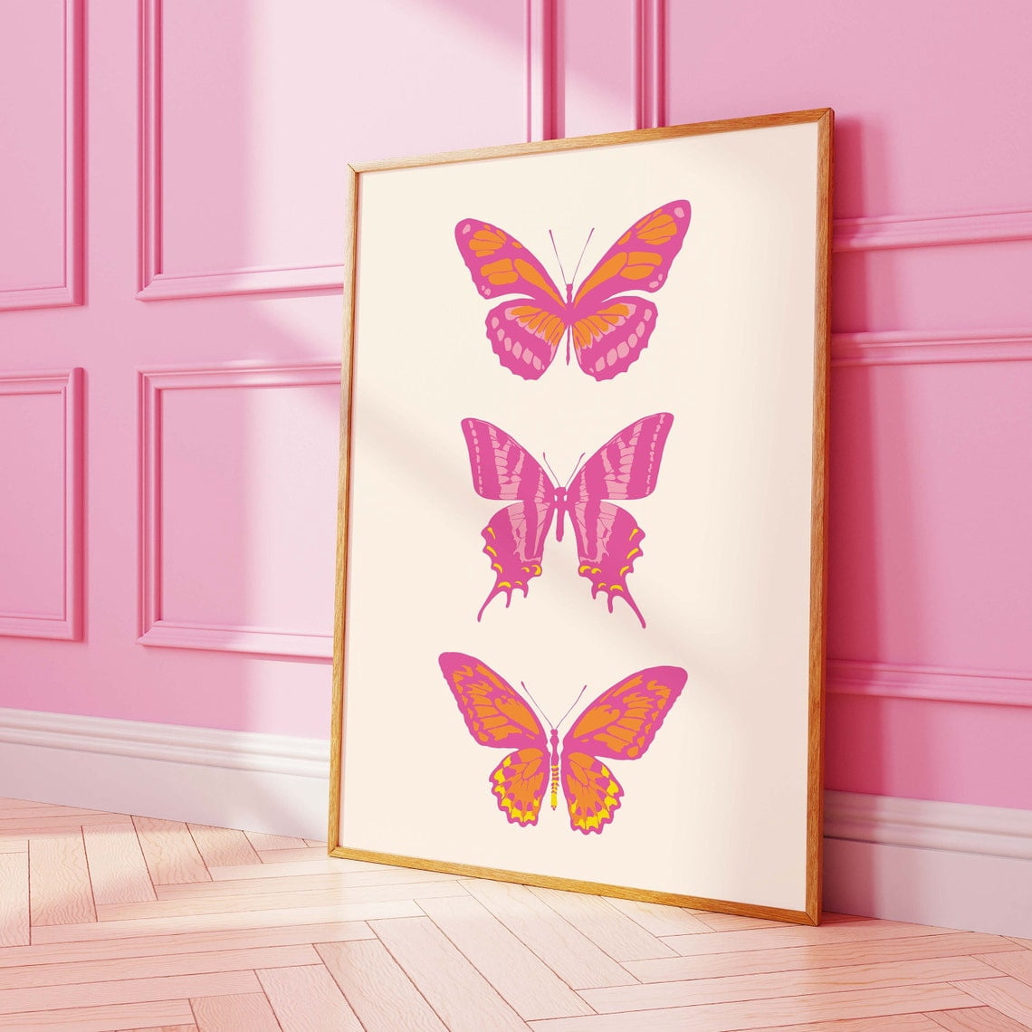 Butterflies Poster Vintage Flower Pink Floral Wall Art Botanical Trendy ...