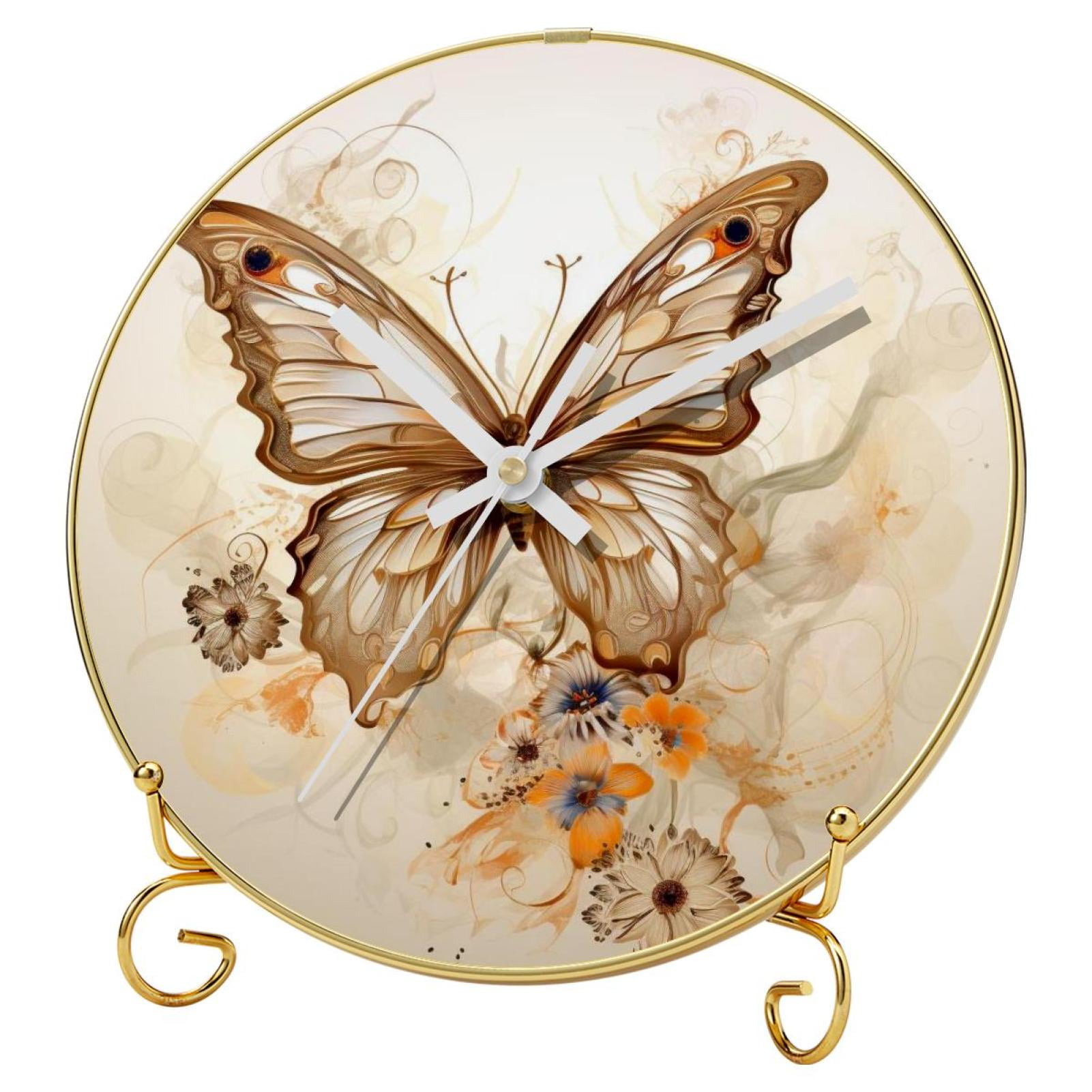 Butterflies Round Printed Clocks with Hooks and Gold Stand, Silent Non ...