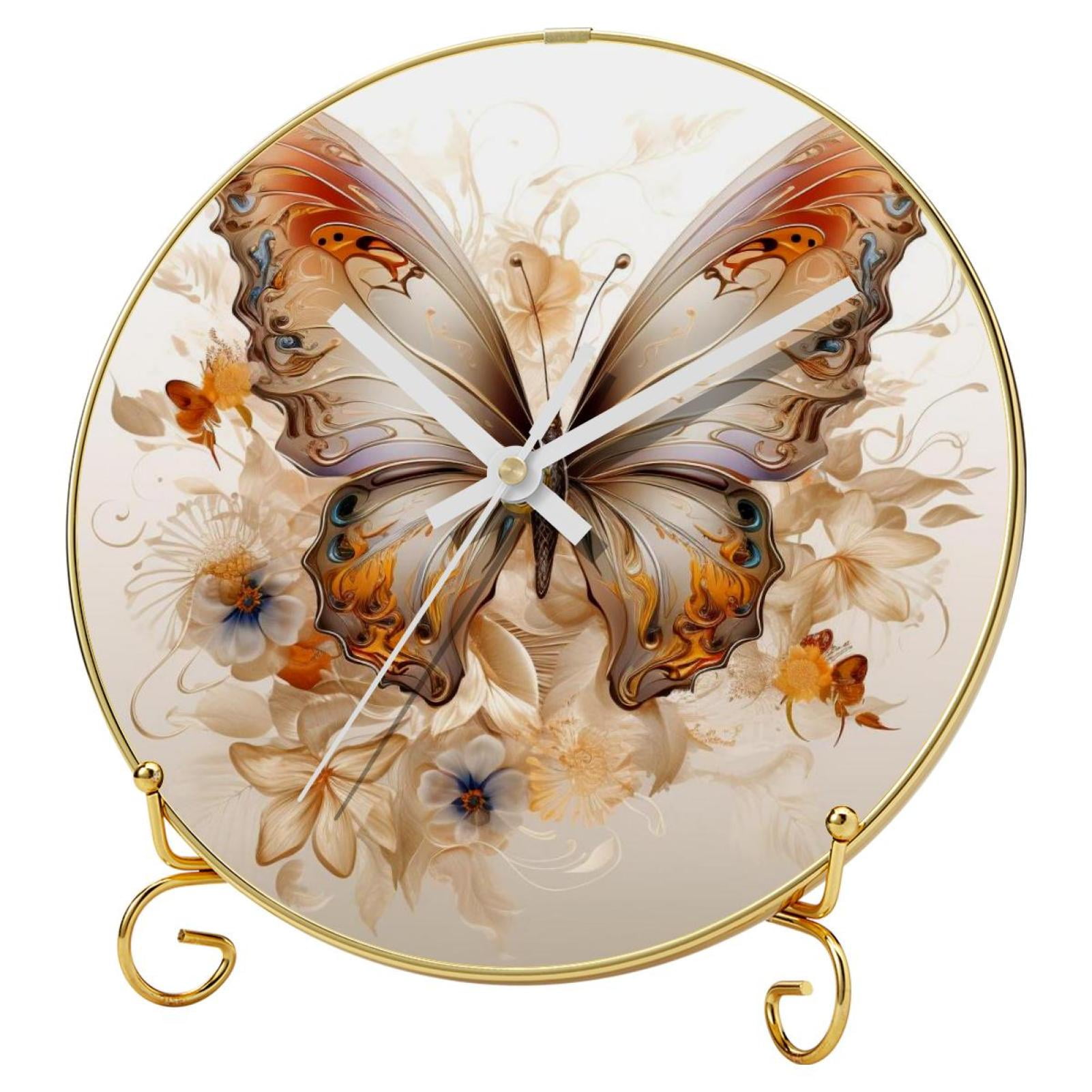 Butterflies Round Printed Wall Clocks with Hooks and Gold Stand ...