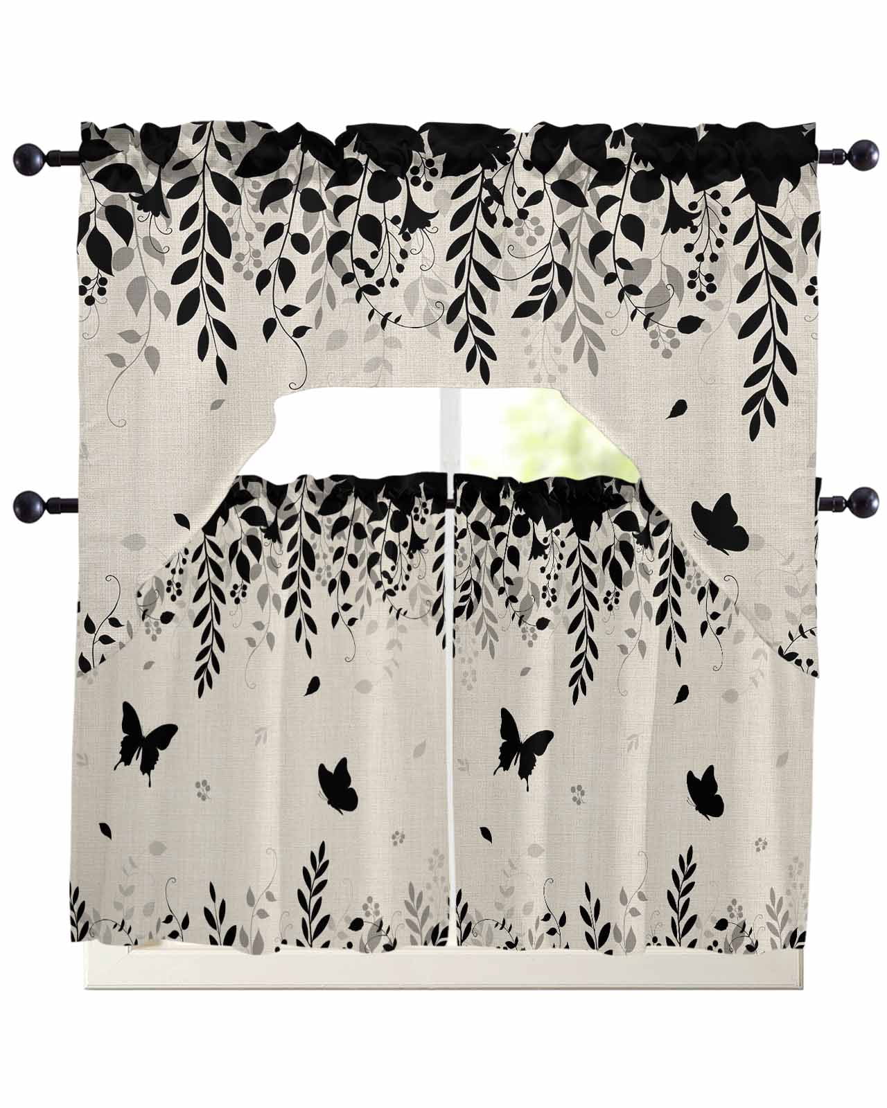 Butterflies Swag and Tier Curtains Set Kitchen Valances with Tier ...