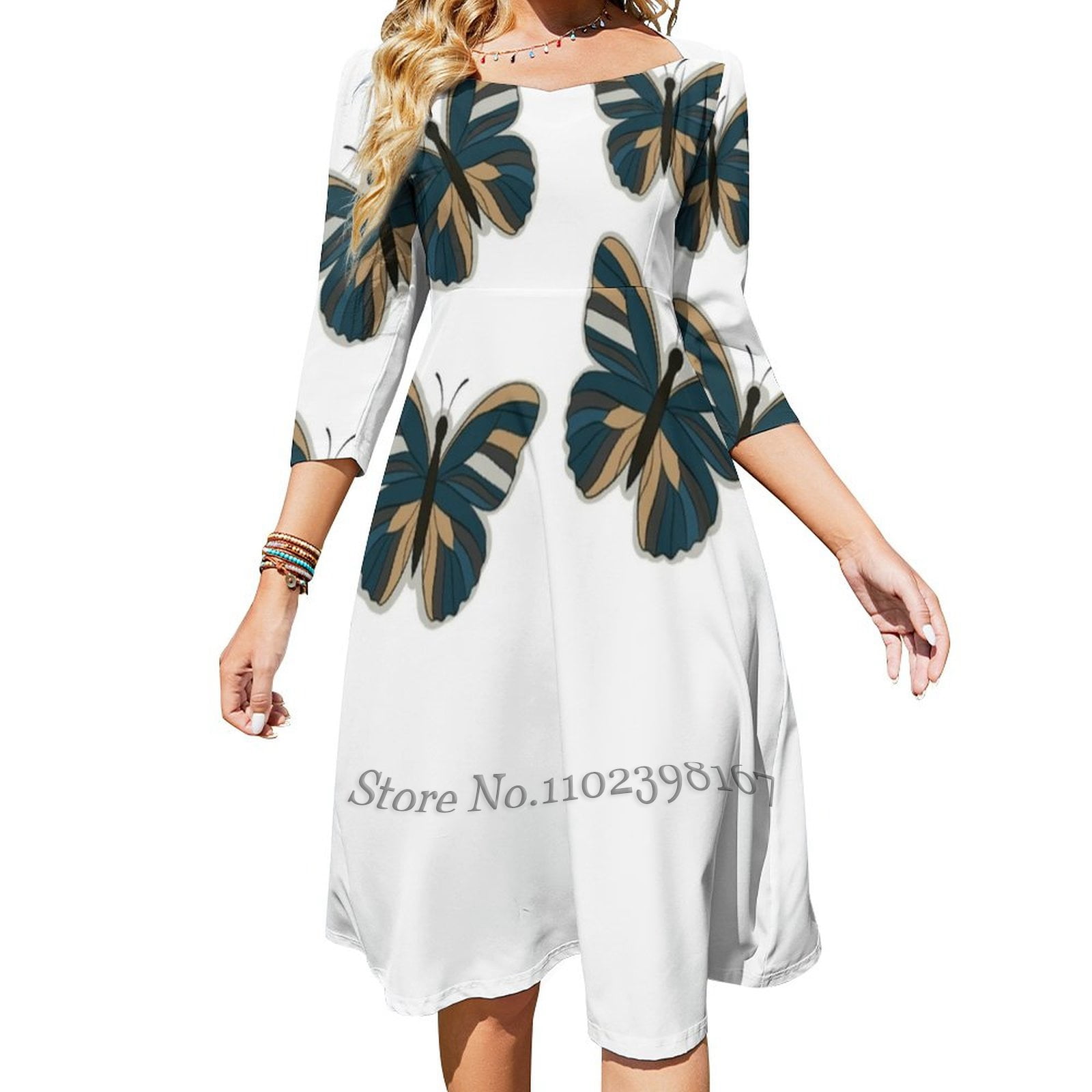 Butterflies Sweet Elegant Dress Women Korean Kawaii Square Collar Dress ...