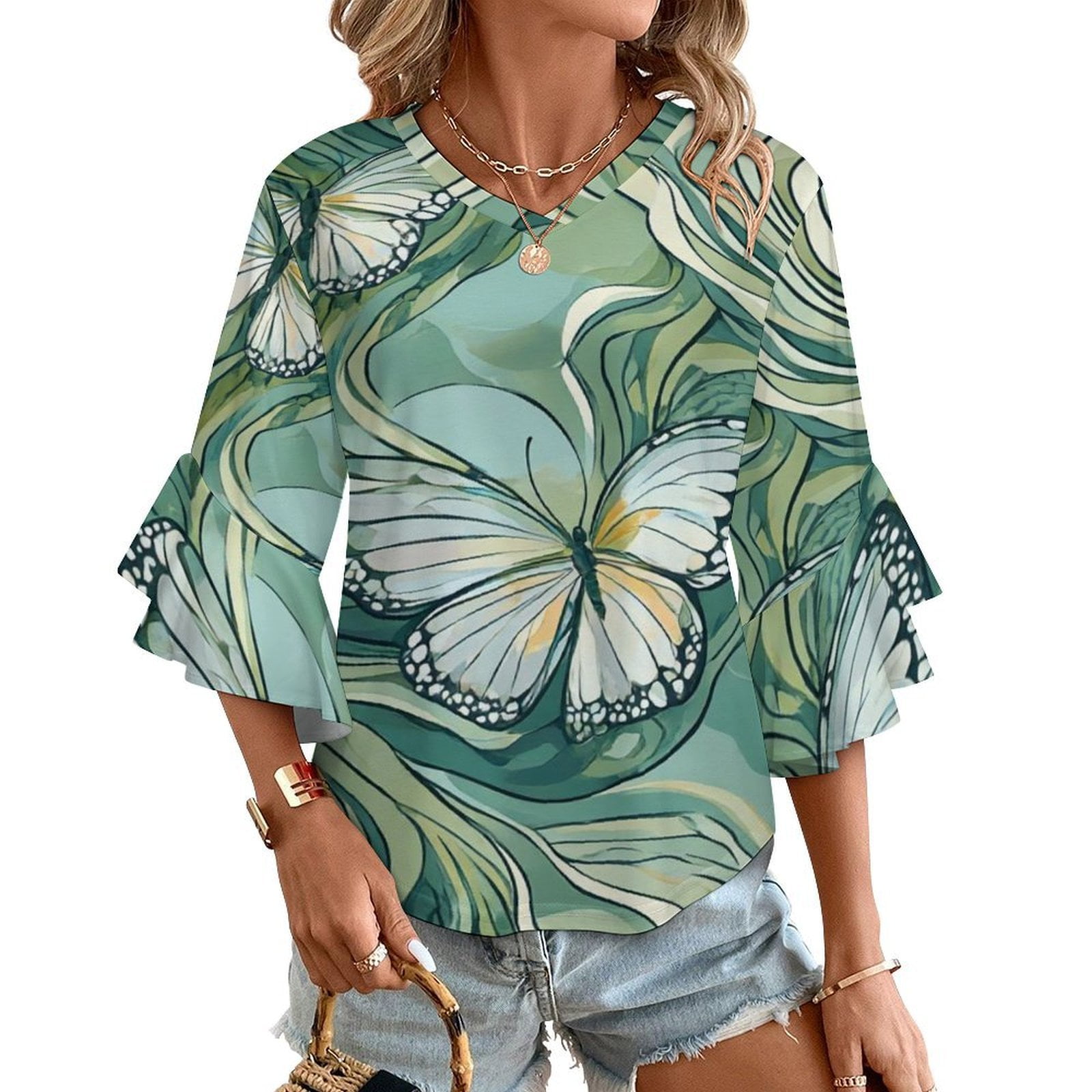 Butterflies Swirl Green Abstract Art Women's V-Neck Blouse With 3/4 ...