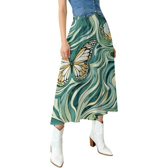 Butterflies Swirl Teal Abstract Art Women High Waist Midi Skirt Elegant ...