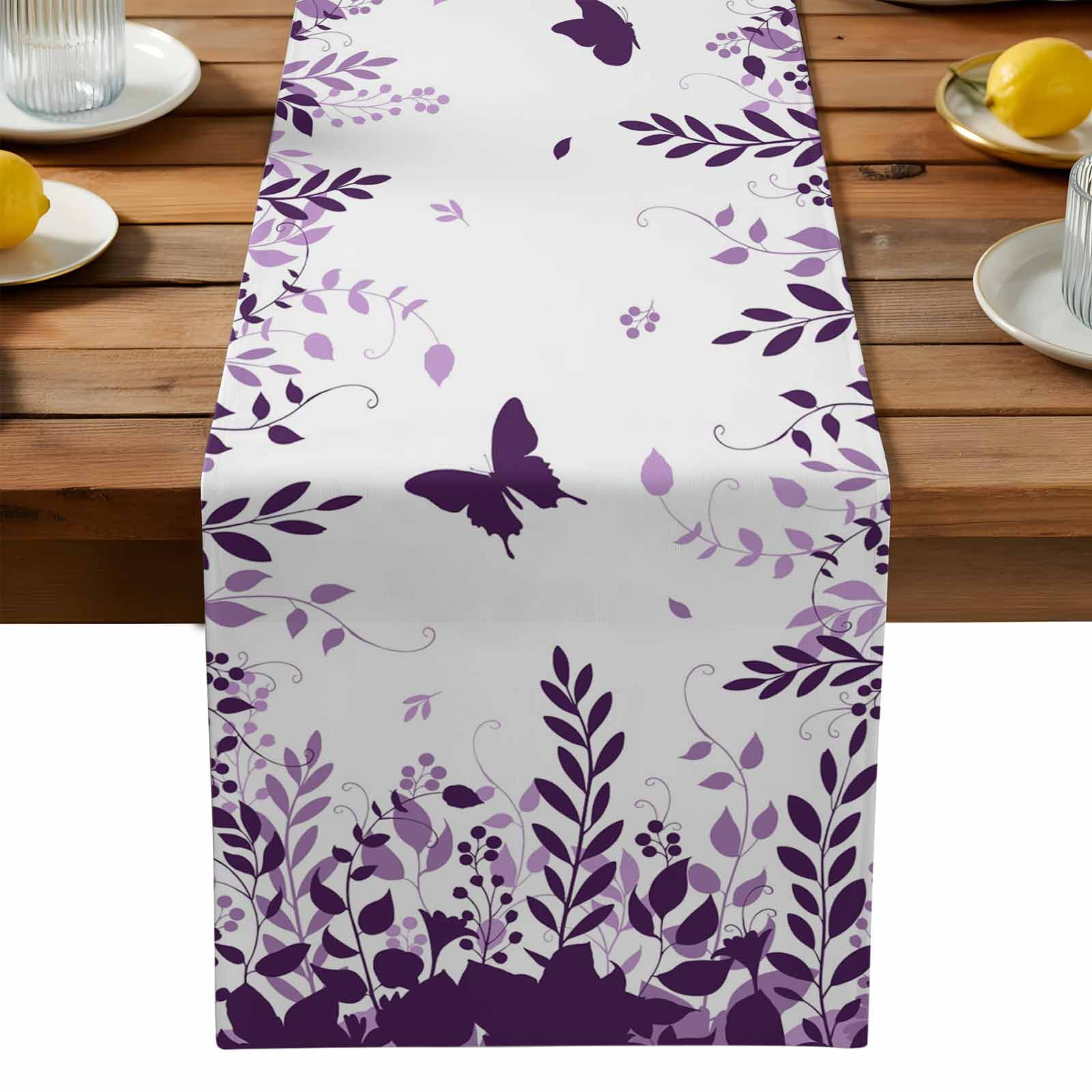 Butterflies Table Runner, Spring Purple Butterfly Falling Leaf Plant ...