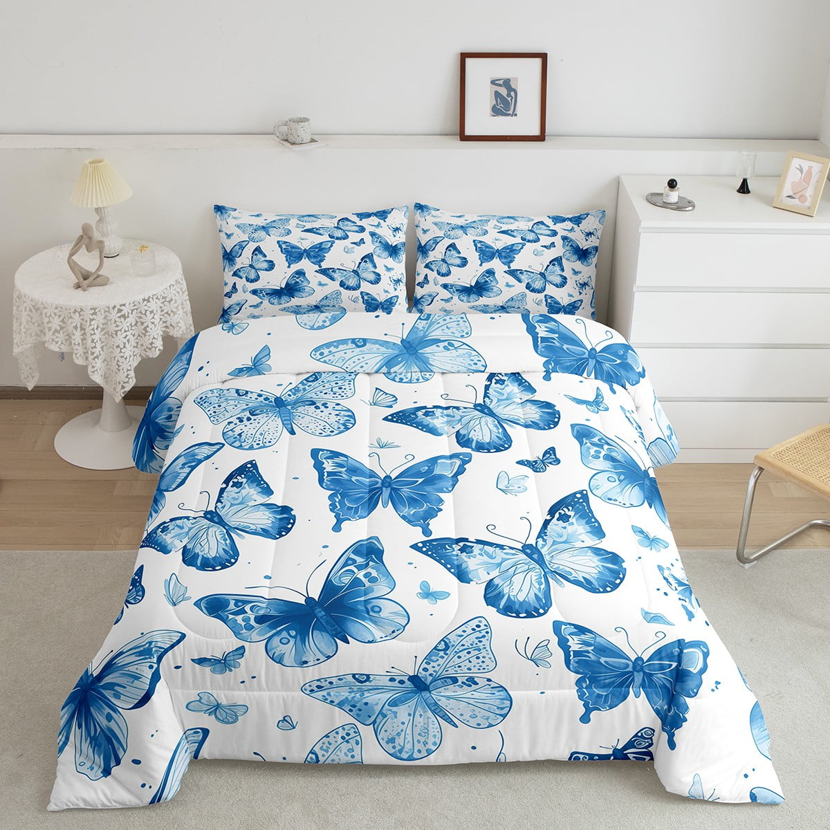 Butterflies Twin Comforter Set, Vintage Blue Butterfly Bed Set Lady ...