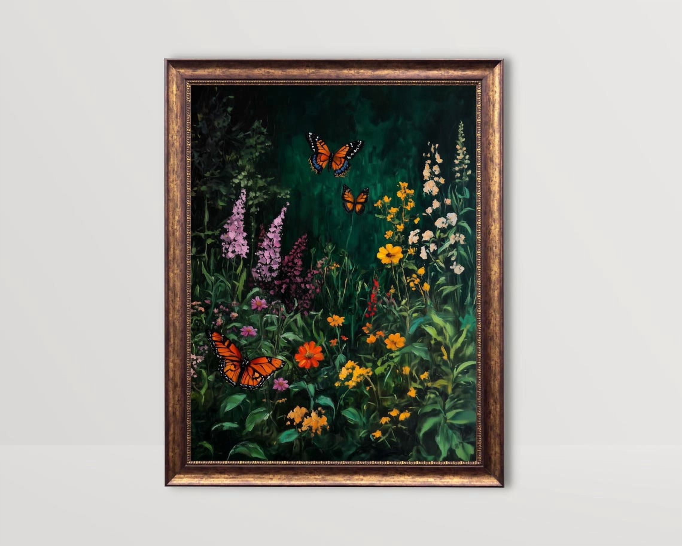 Butterflies in Wildflowers, Dark Green Wall Art Moody Wildflower Field ...