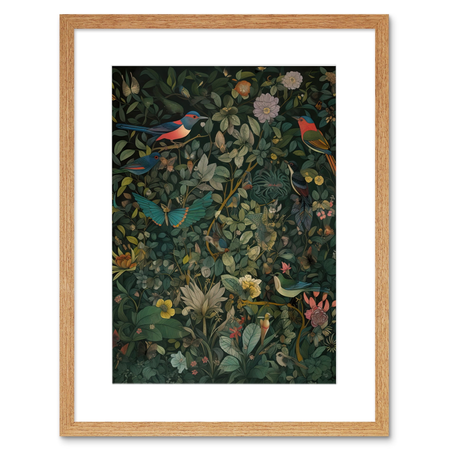 Butterflies and Birds on Flowering Shrub Folk Art Artwork Framed Wall ...