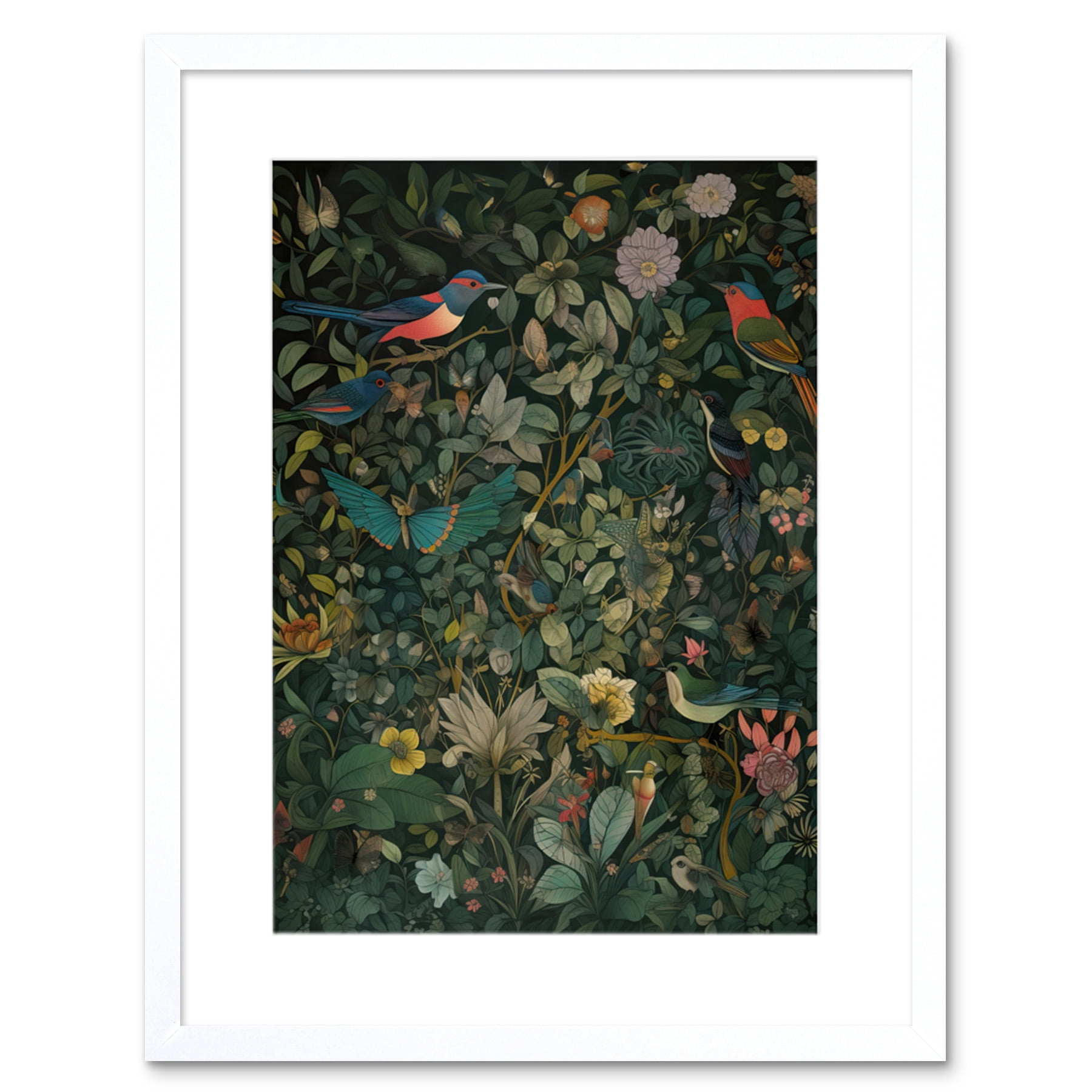 Butterflies and Birds on Flowering Shrub Folk Art Artwork Framed Wall ...