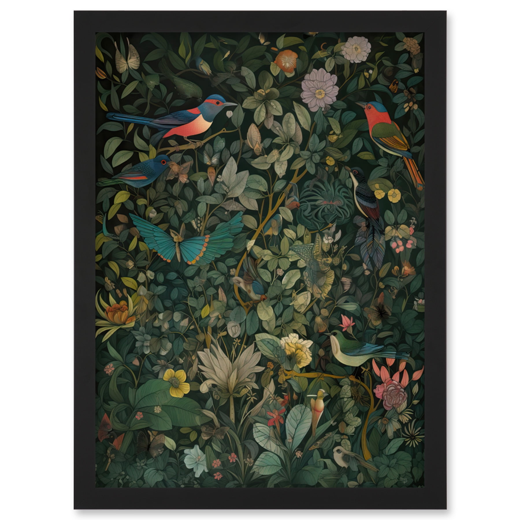 Butterflies and Birds on Flowering Shrub Folk Art Artwork Framed Wall ...