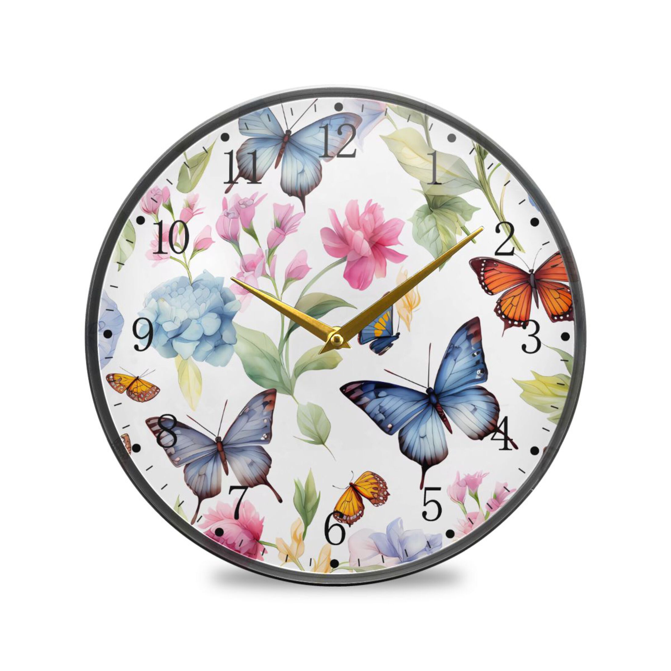 Butterflies and Flowers Acrylic Wall Clocks Quiet Round Clock Battery ...