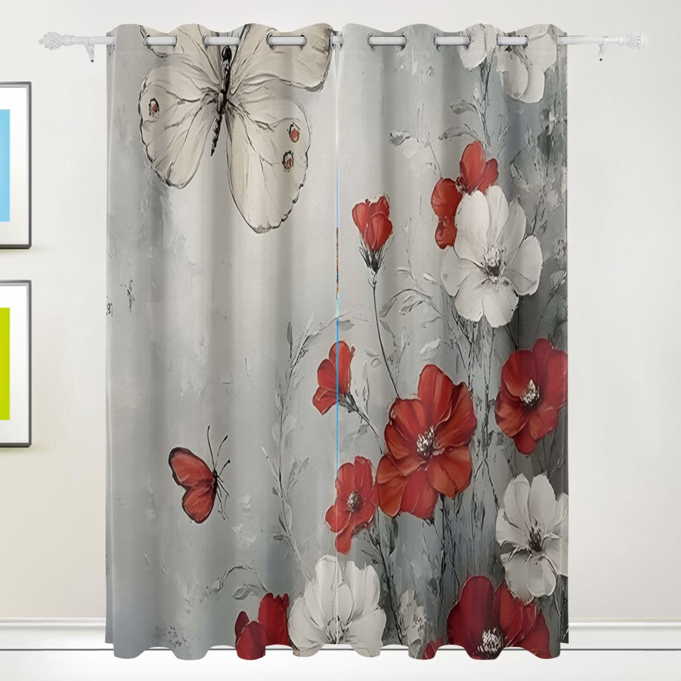 Butterflies and Flowers Blackout Curtains 55W x 84L Living Room Bedroom ...