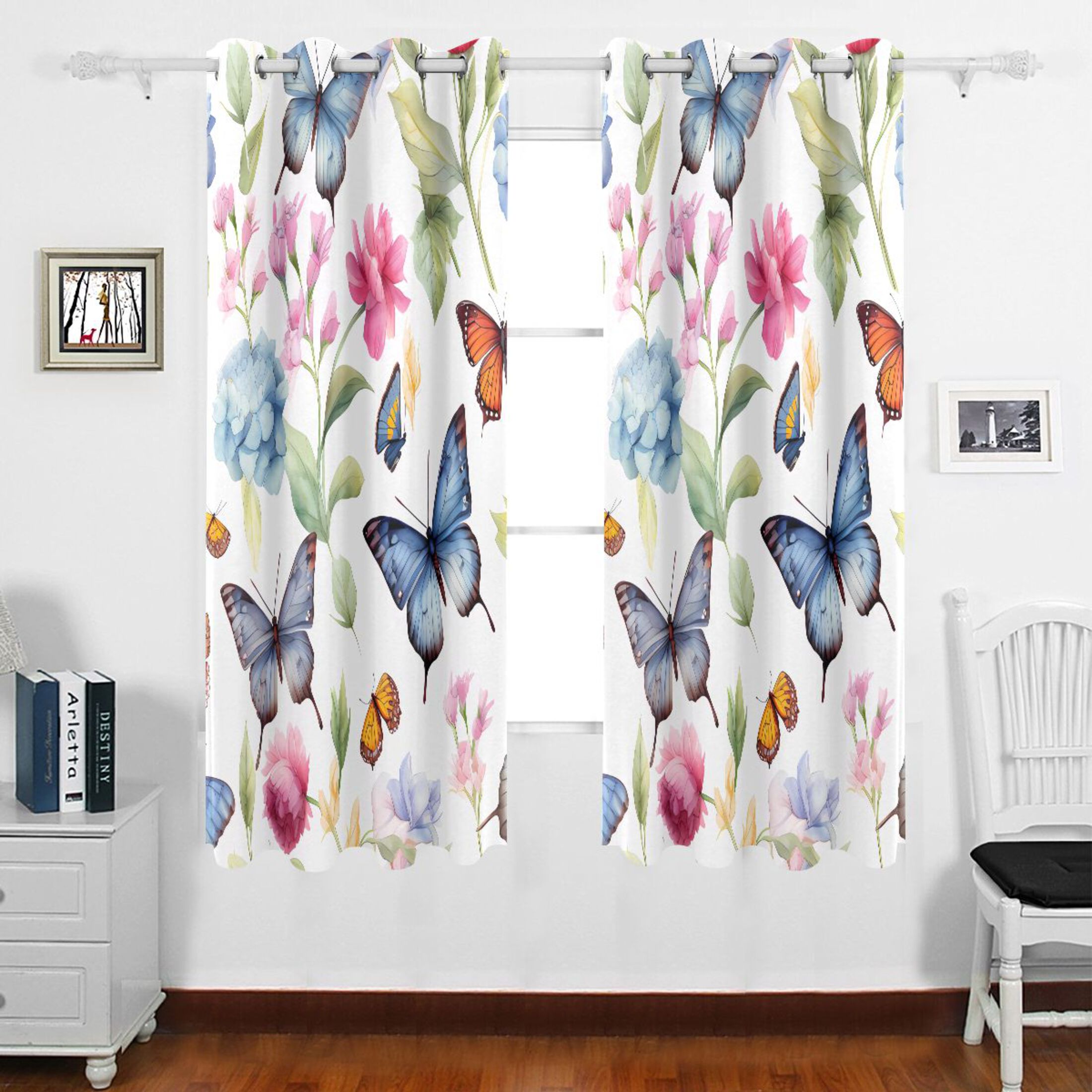Butterflies and Flowers Grommet Blackout Curtains Thermal Insulated ...