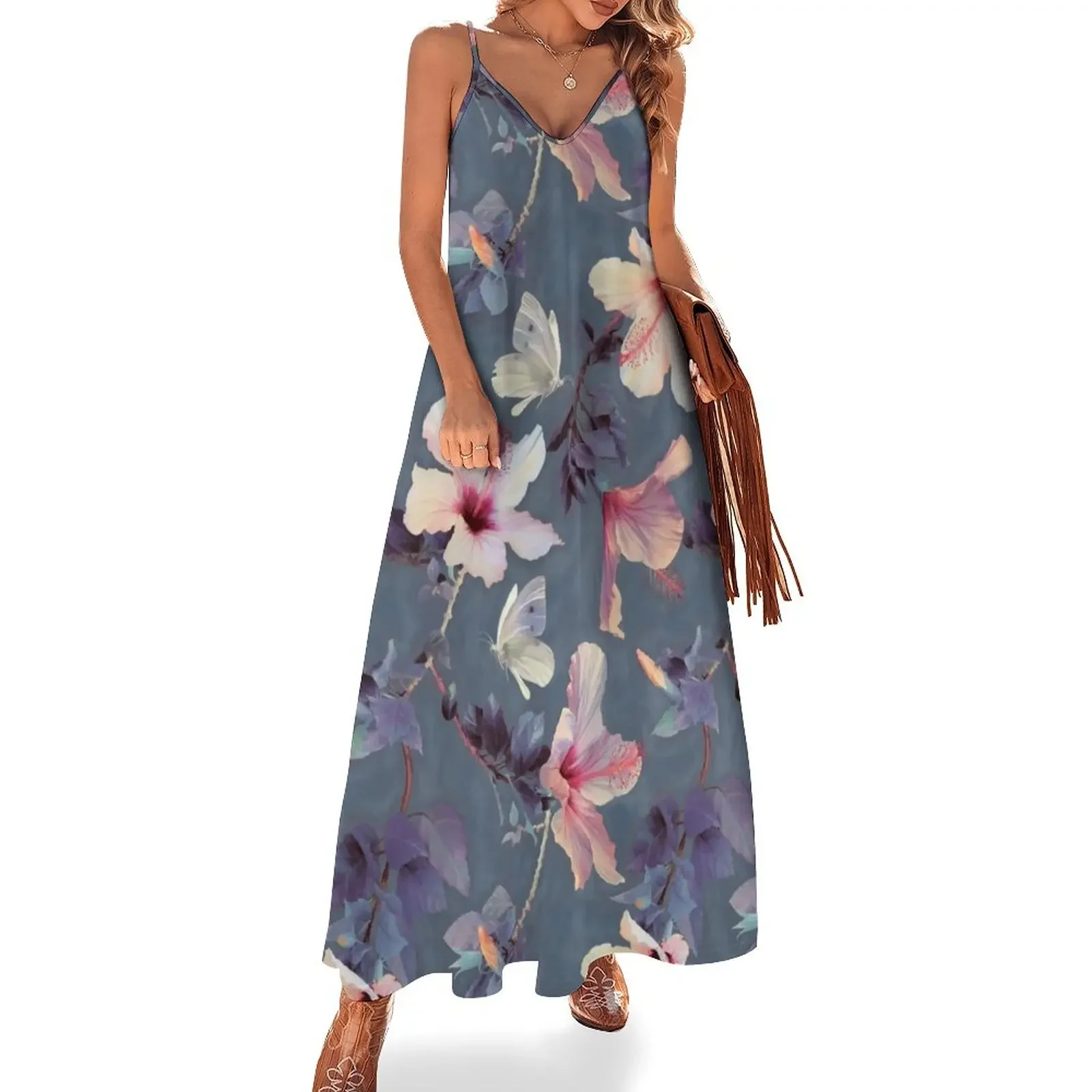 Butterflies and Hibiscus Flowers - a painted pattern Sleeveless Dress ...
