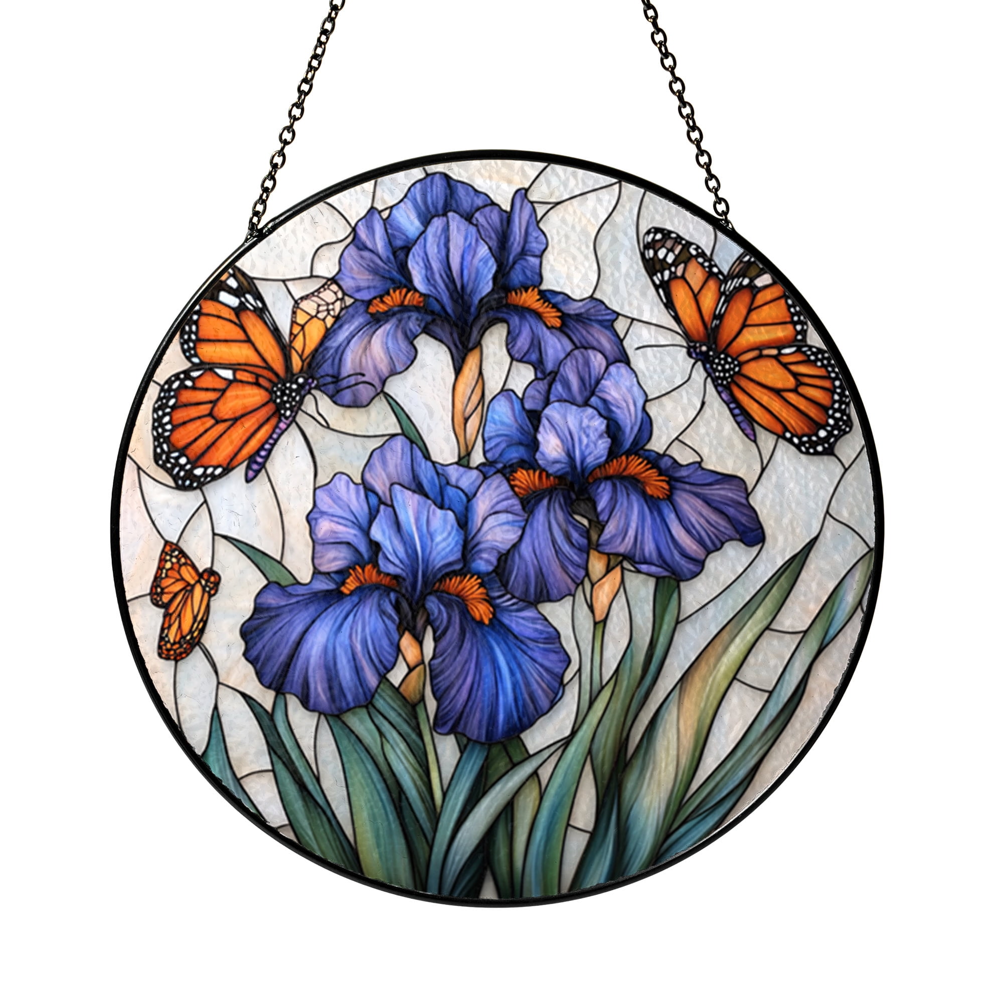 Butterflies and Irises Window Suncatcher, Round Stained Glass Style ...