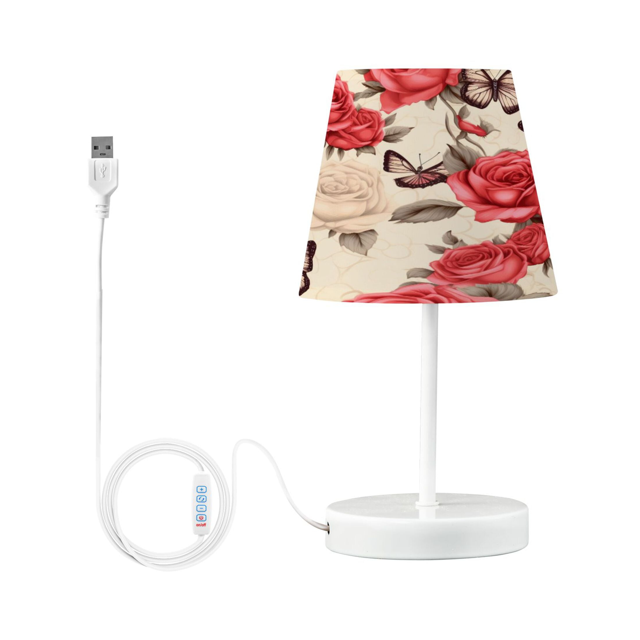 Butterflies and Red White Rose Desk Lamp LED Table Nightstand Lamps ...