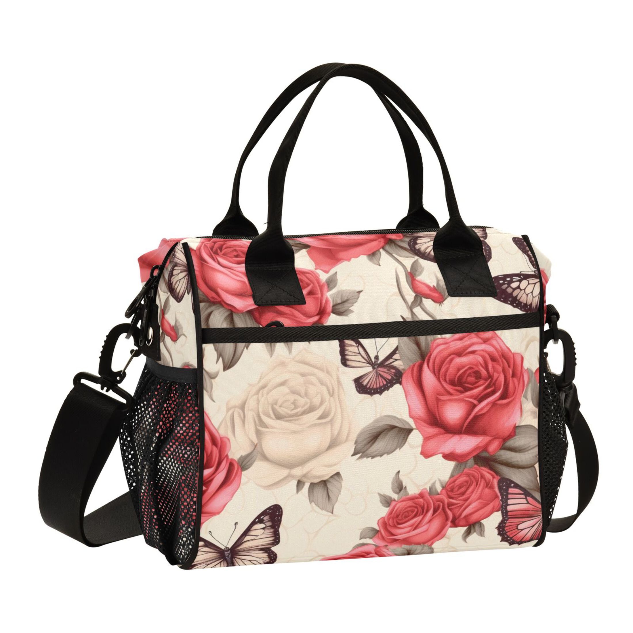Butterflies and Red White Rose Lunch Bag Insulated Lunch Box Leakproof ...