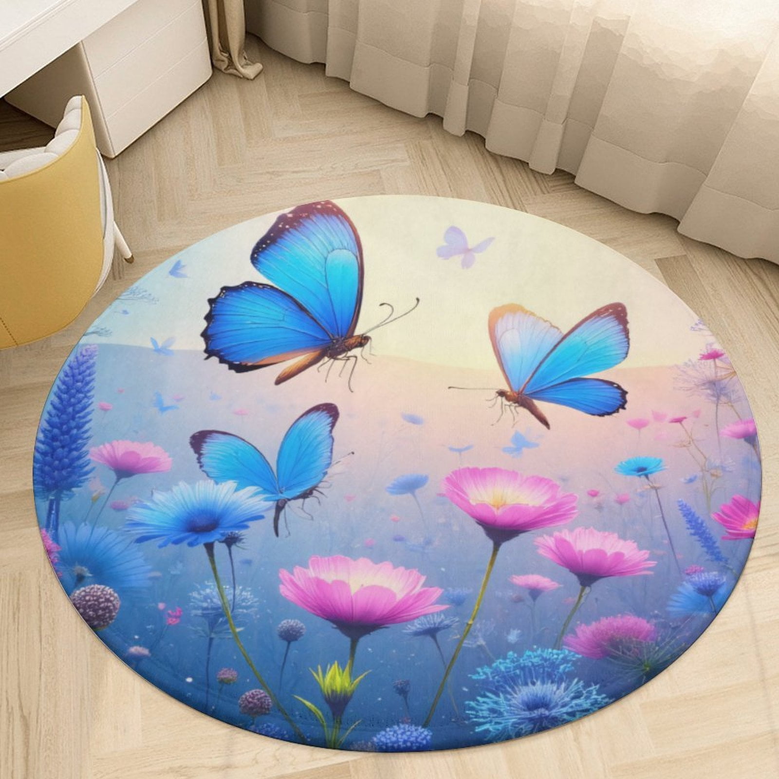 Butterflies in A Floral Meadow Round Area Rugs for Bedroom Living Room ...