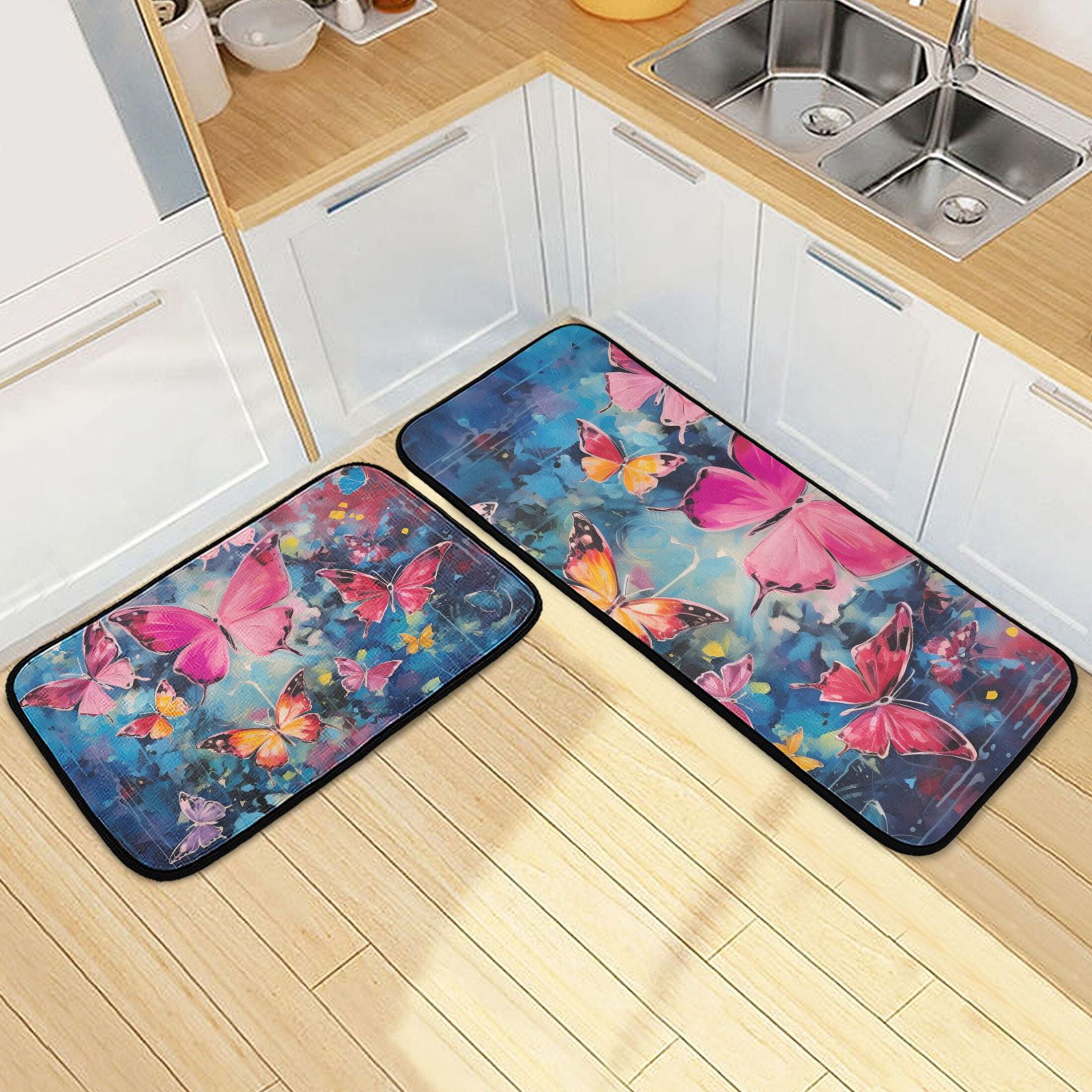 Butterflies in Blue Kitchen Rugs Set of 2 Non Slip Floor Foam Mat ...