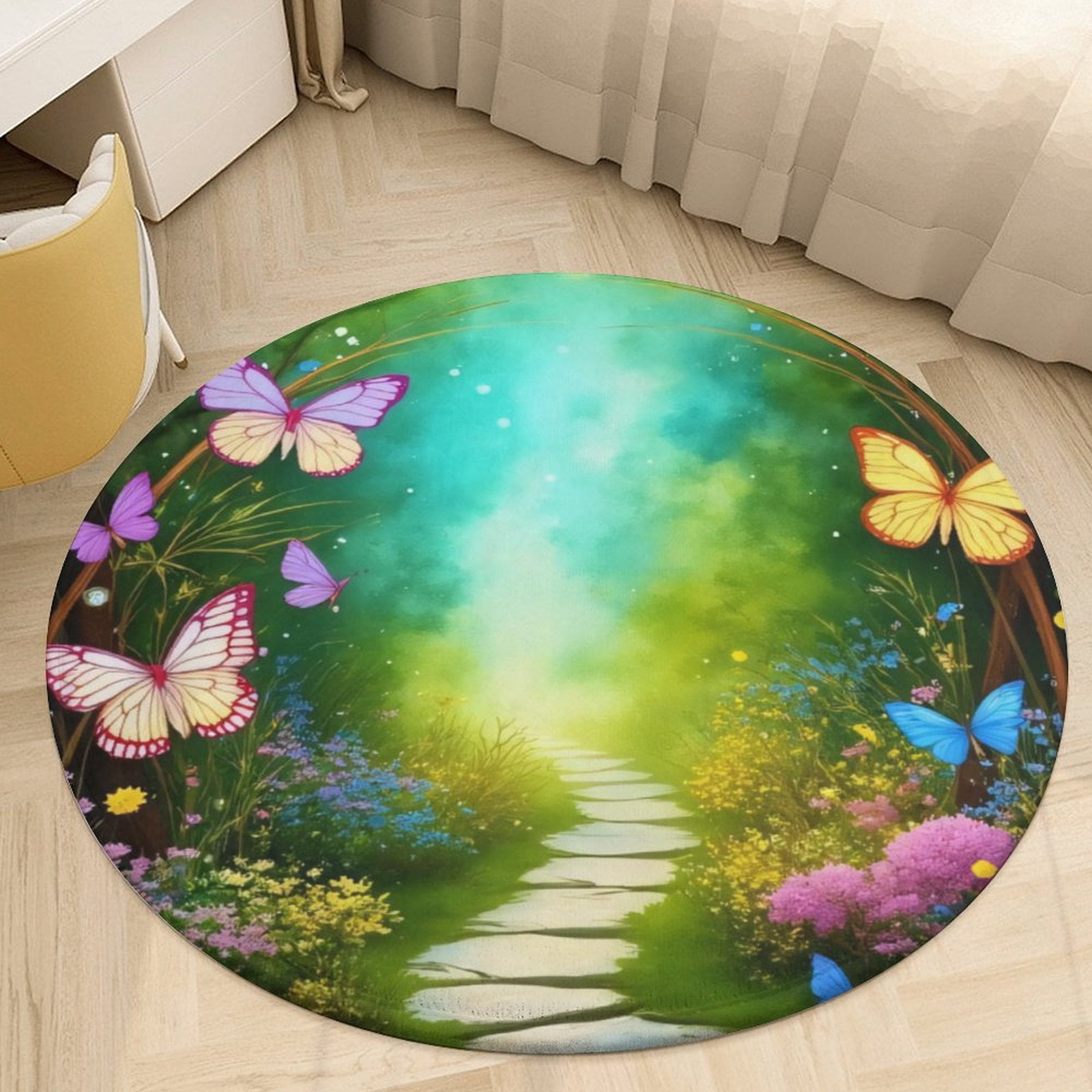 Butterflies in Enchanted Garden Round Area Rugs for Bedroom Living Room ...
