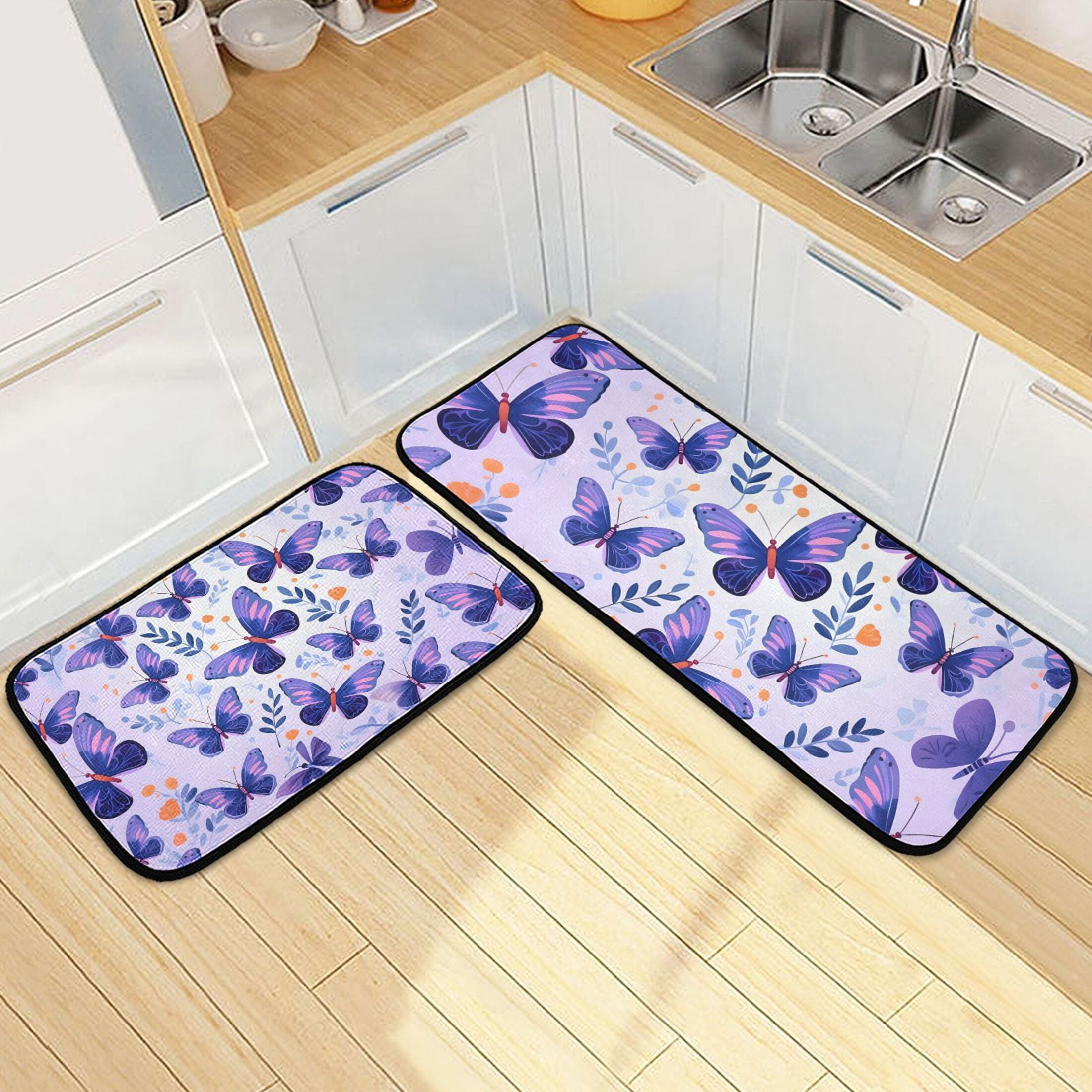 Butterflies in Purple Kitchen Rugs Set of 2 Non Slip Floor Foam Mat ...