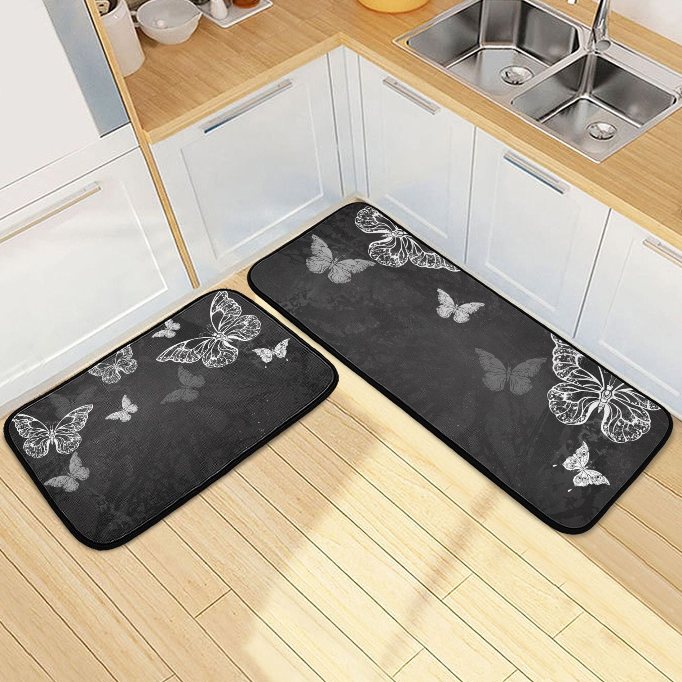 Butterflies on Black Kitchen Rugs Set of 2 Non Slip Floor Foam Mat ...