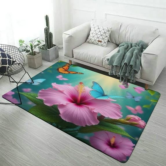 Butterflies on Pink Hibiscus Flowers Carpet Style Living Room Bedroom ...