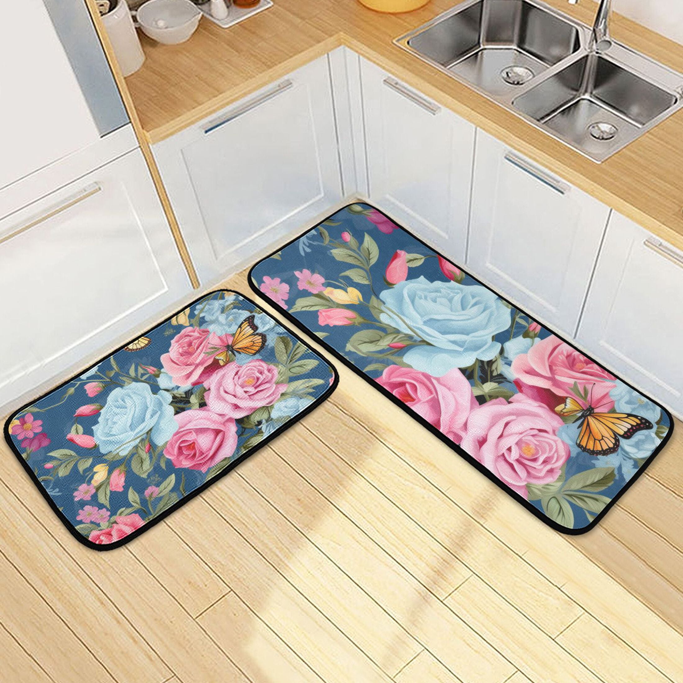 Butterflies on Roses Floral Kitchen Rugs Set of 2 Non Slip Floor Foam ...