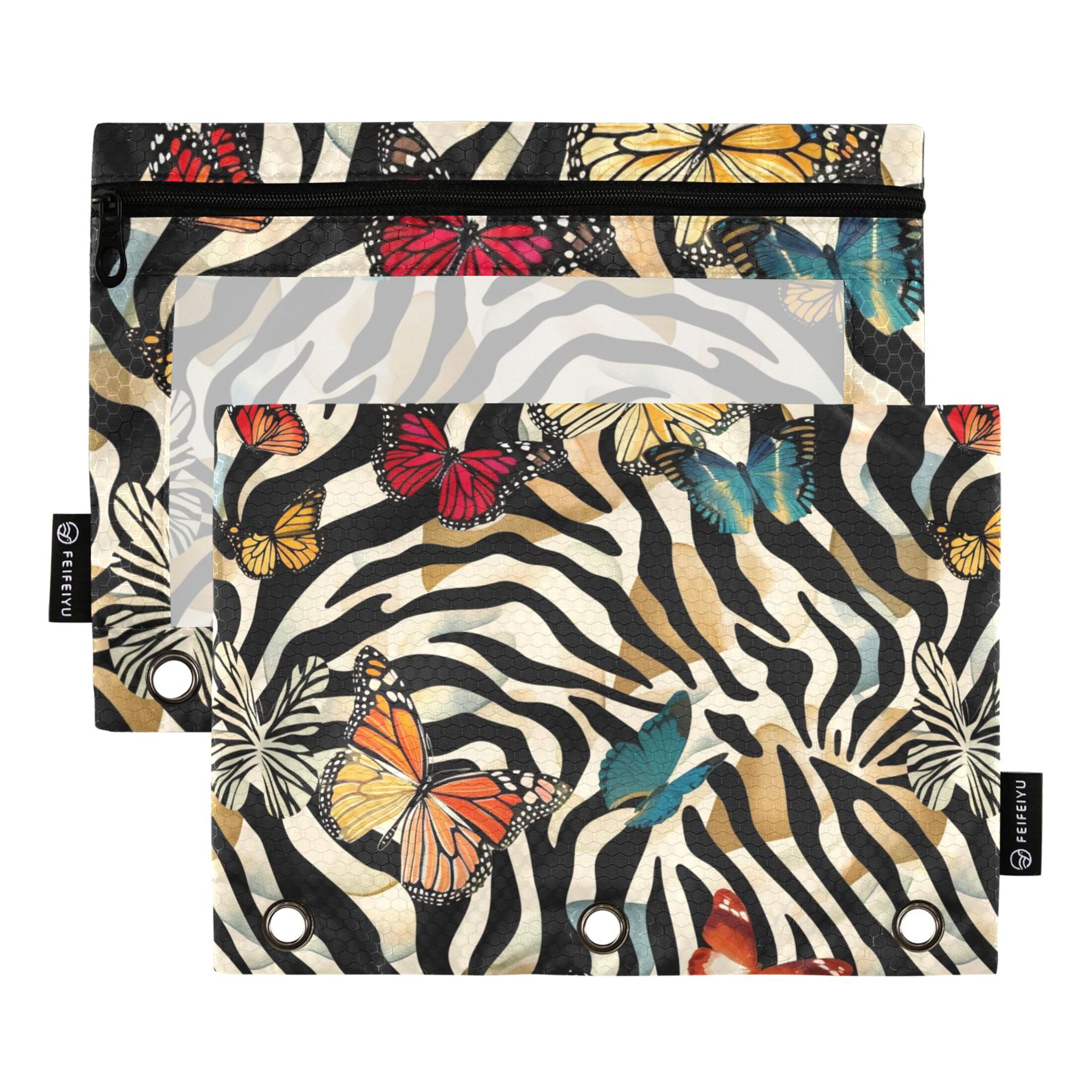 Butterflies on Zebra 2 Pack Pencil Pouch for 3 Ring Binder Smooth ...