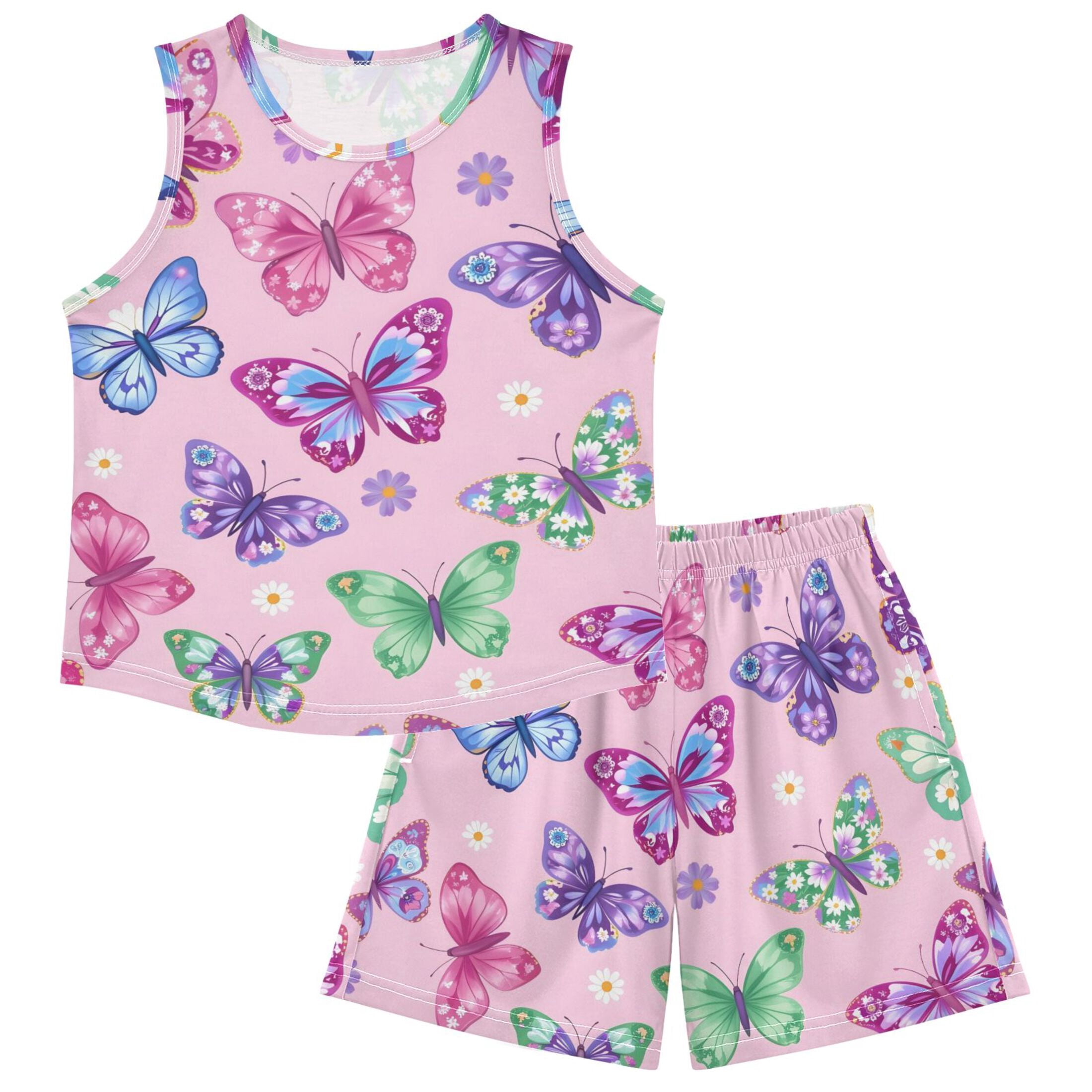 Butterflies with Flower Patterns Pajamas Set Sleeveless Sleepwear Tank ...