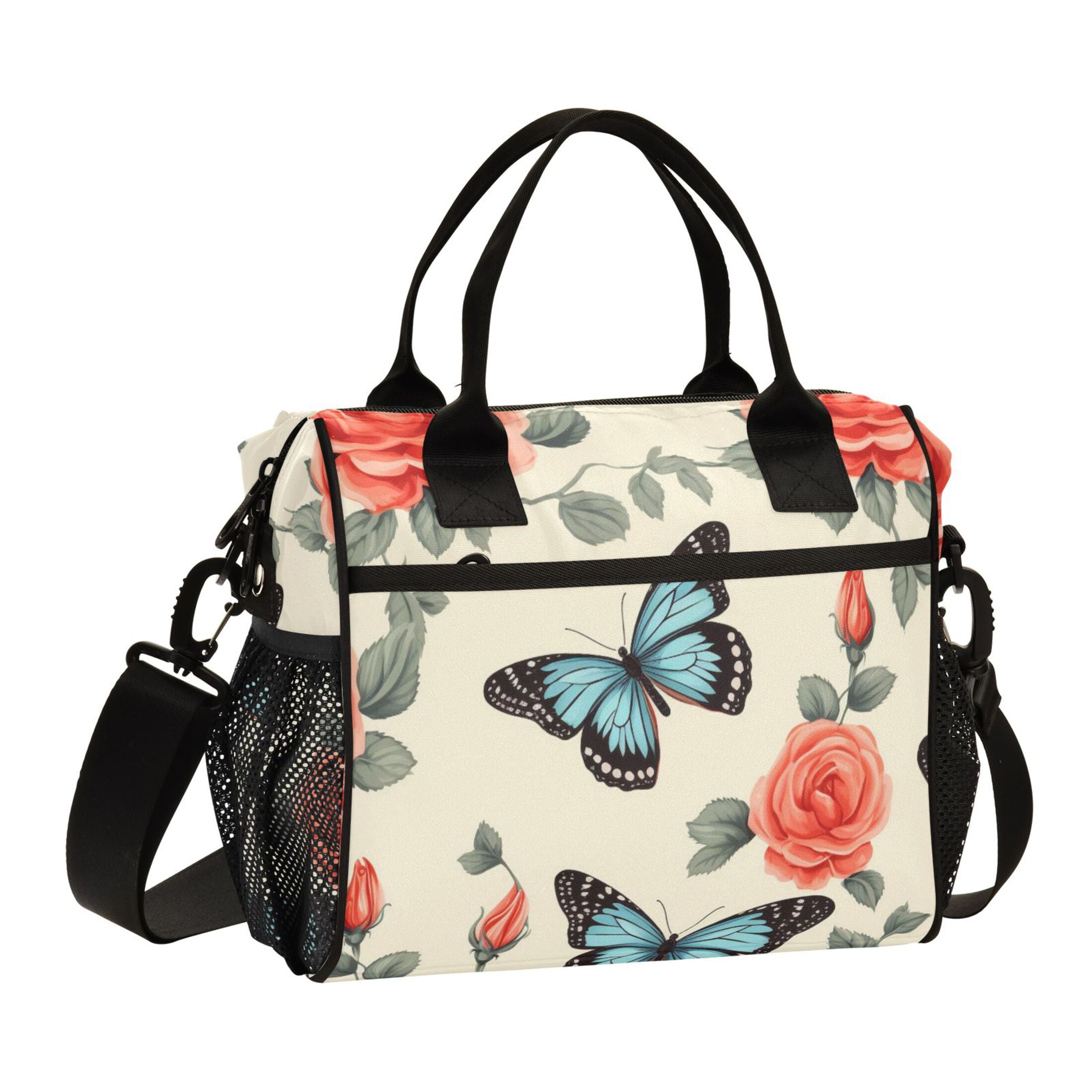 Butterflies with Red Rose Lunch Bag Insulated Lunch Box Leakproof ...