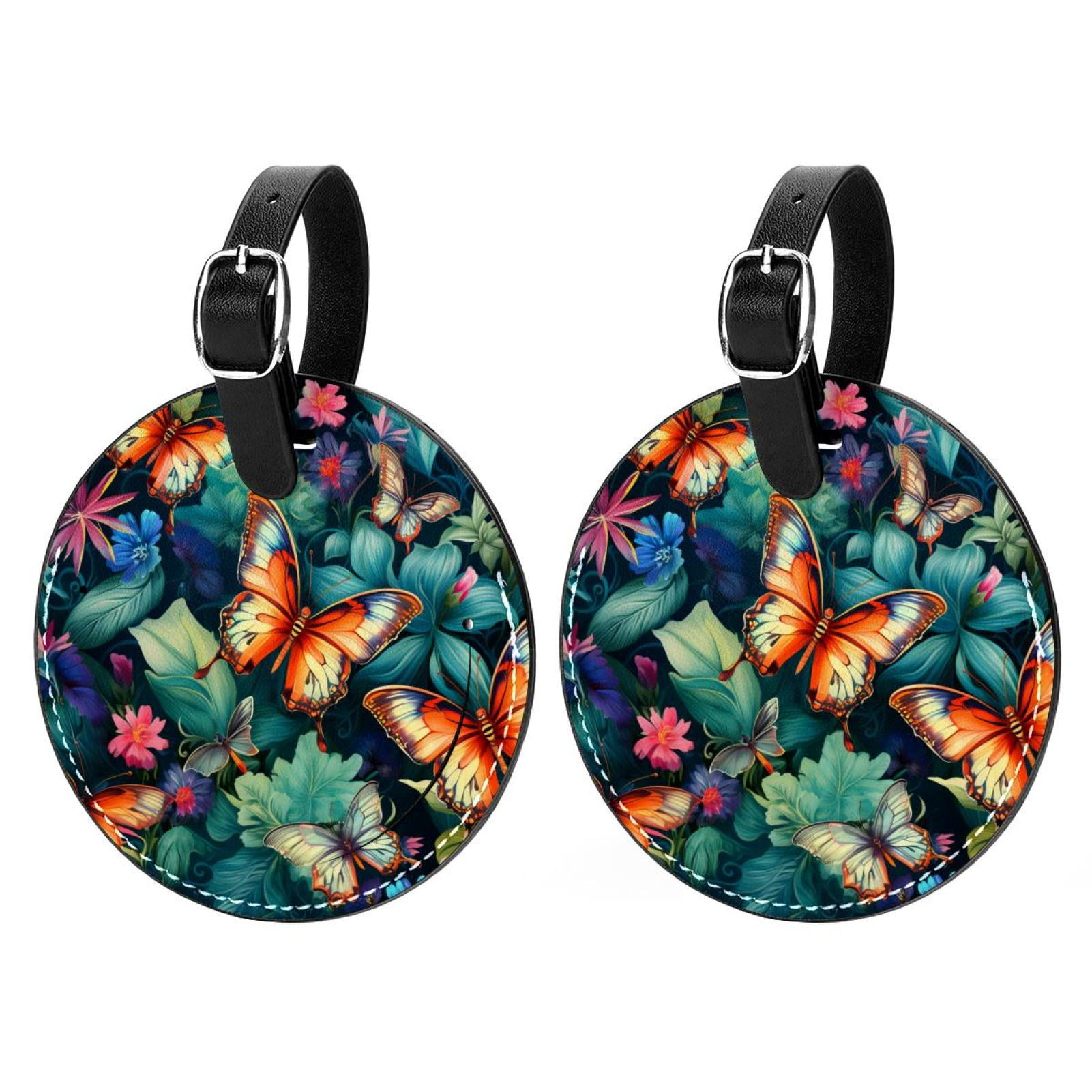 Butterfly 2Pcs PU Leather Round Luggage Tags with Privacy Cover and ...