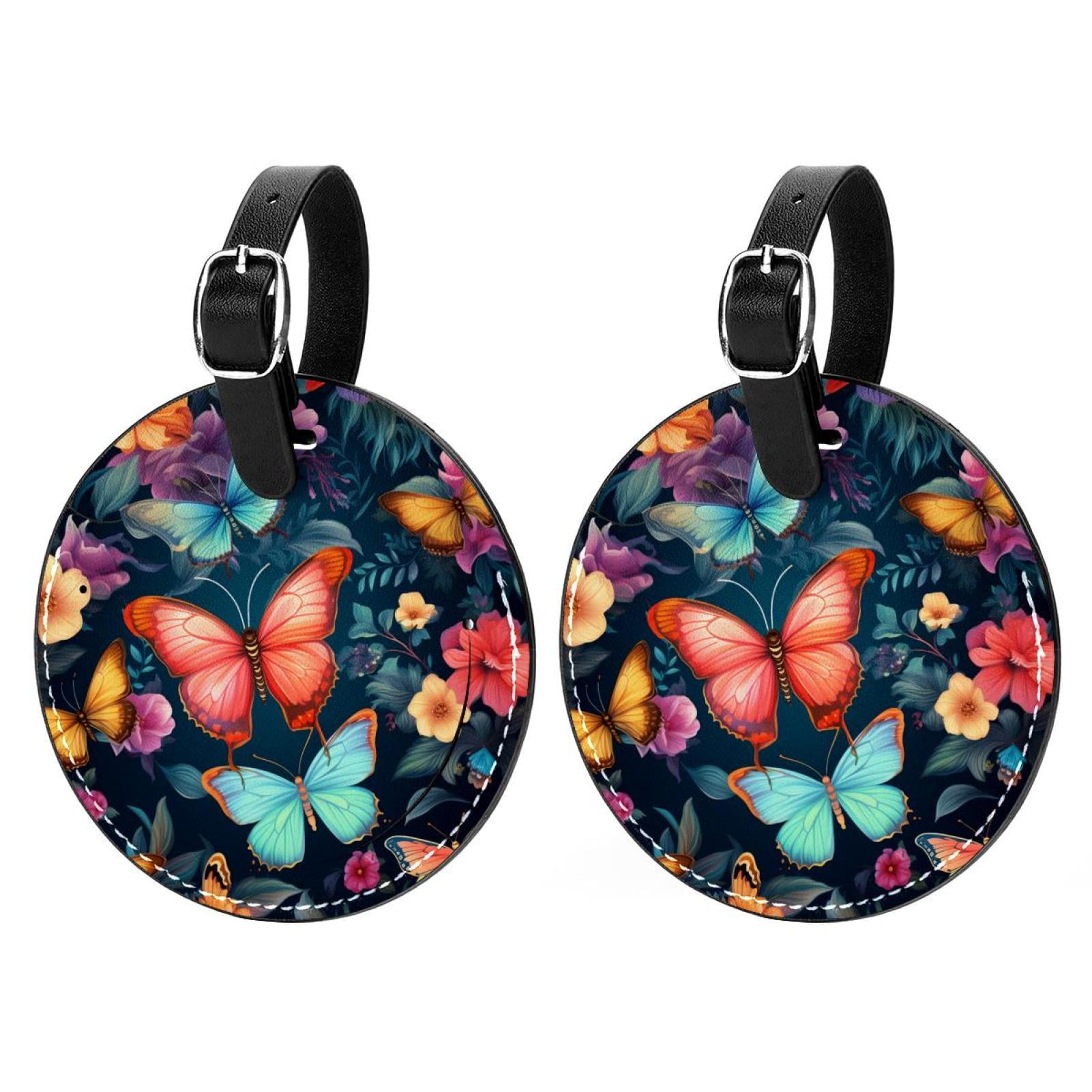 Butterfly 2pcs PU Leather Round Bag Tags with Privacy Cover and Name ID ...